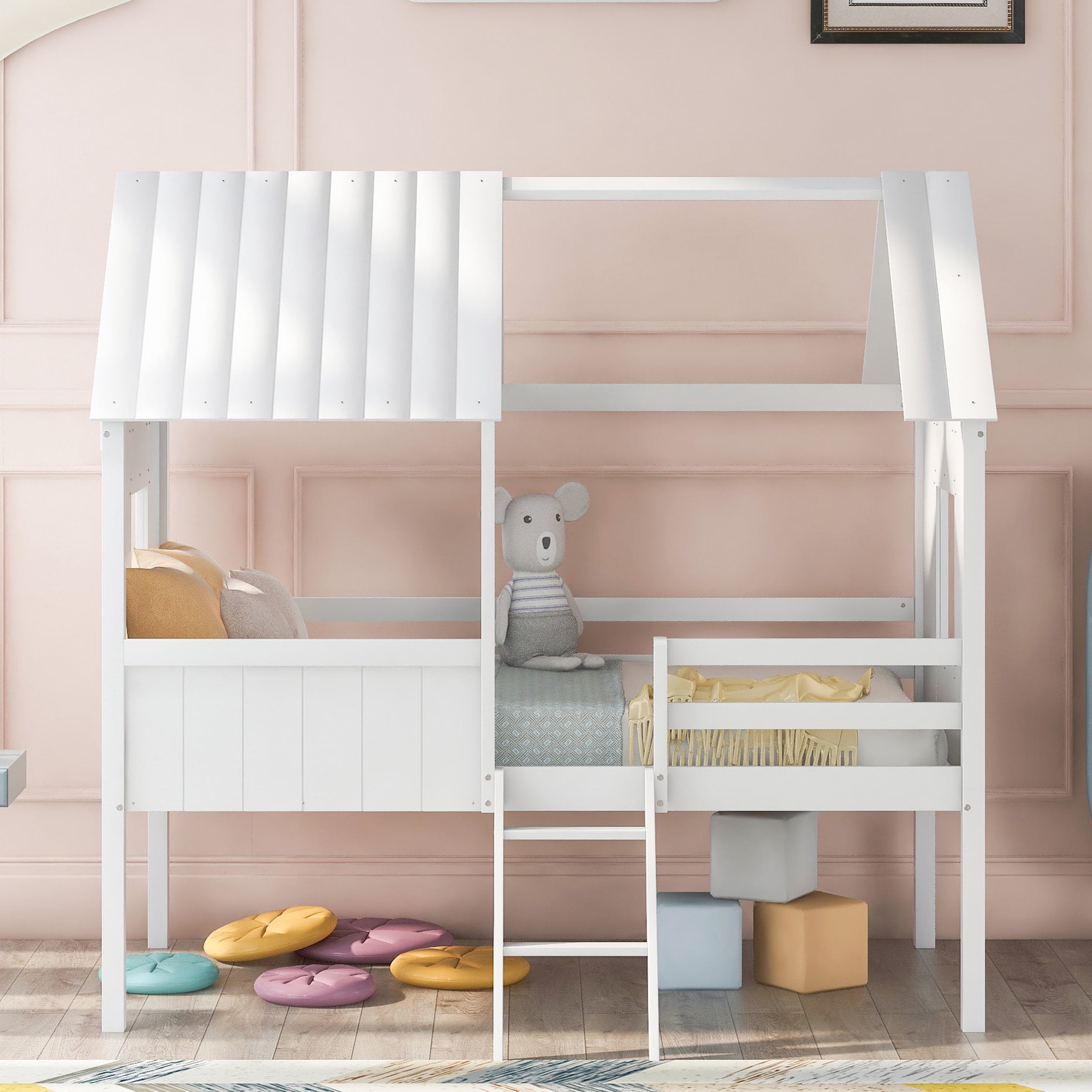 Twin size house bed with side windows and roof / Semi - enclosed space ...
