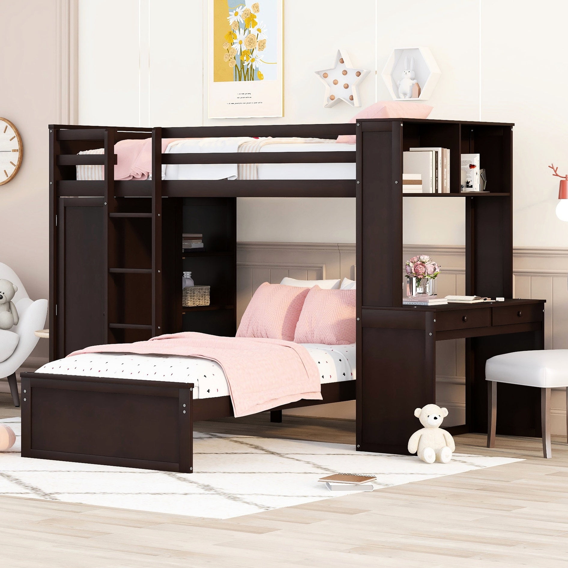 Twin size loft bed in espresso color for study and rest featuring ...