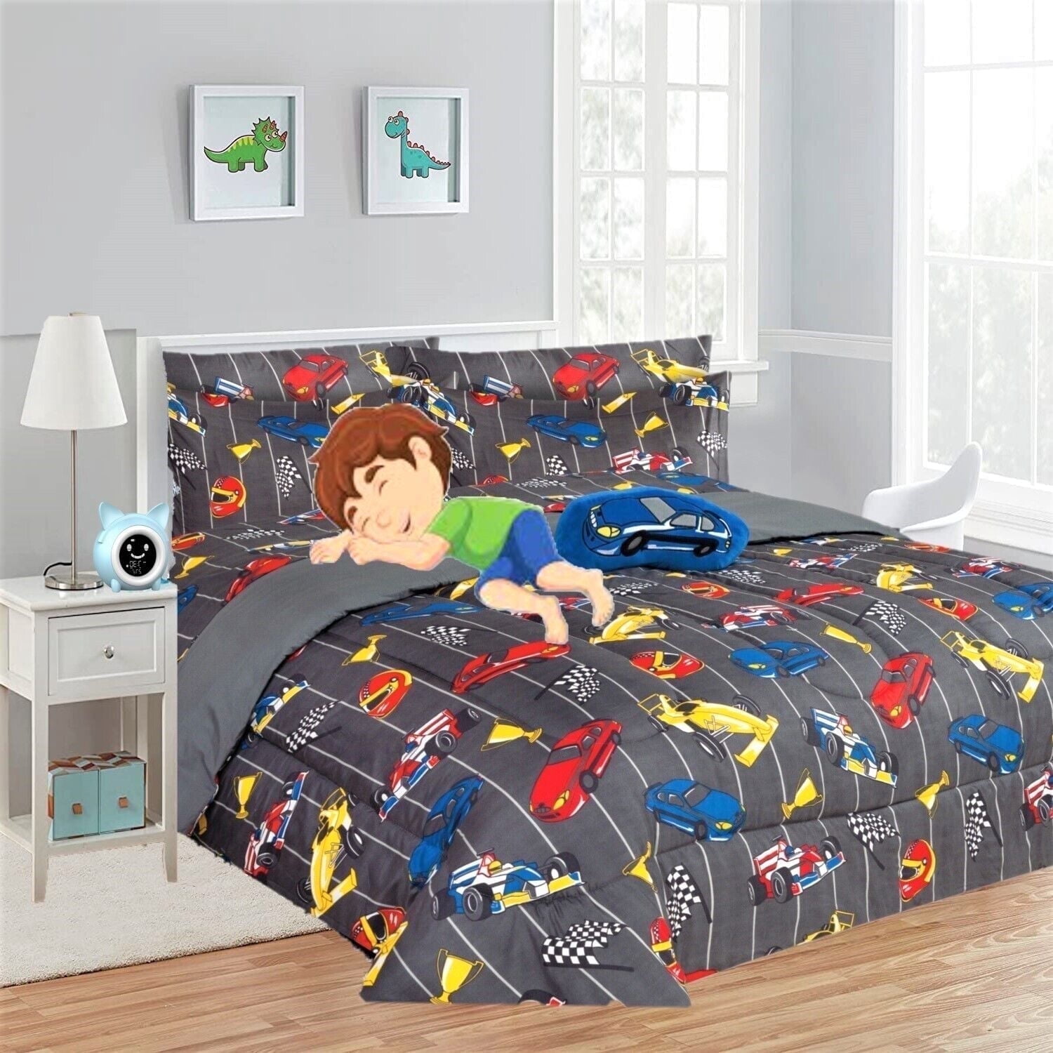 Twin size race cars grey bedding cover bed in bag comforter, sheet set ...