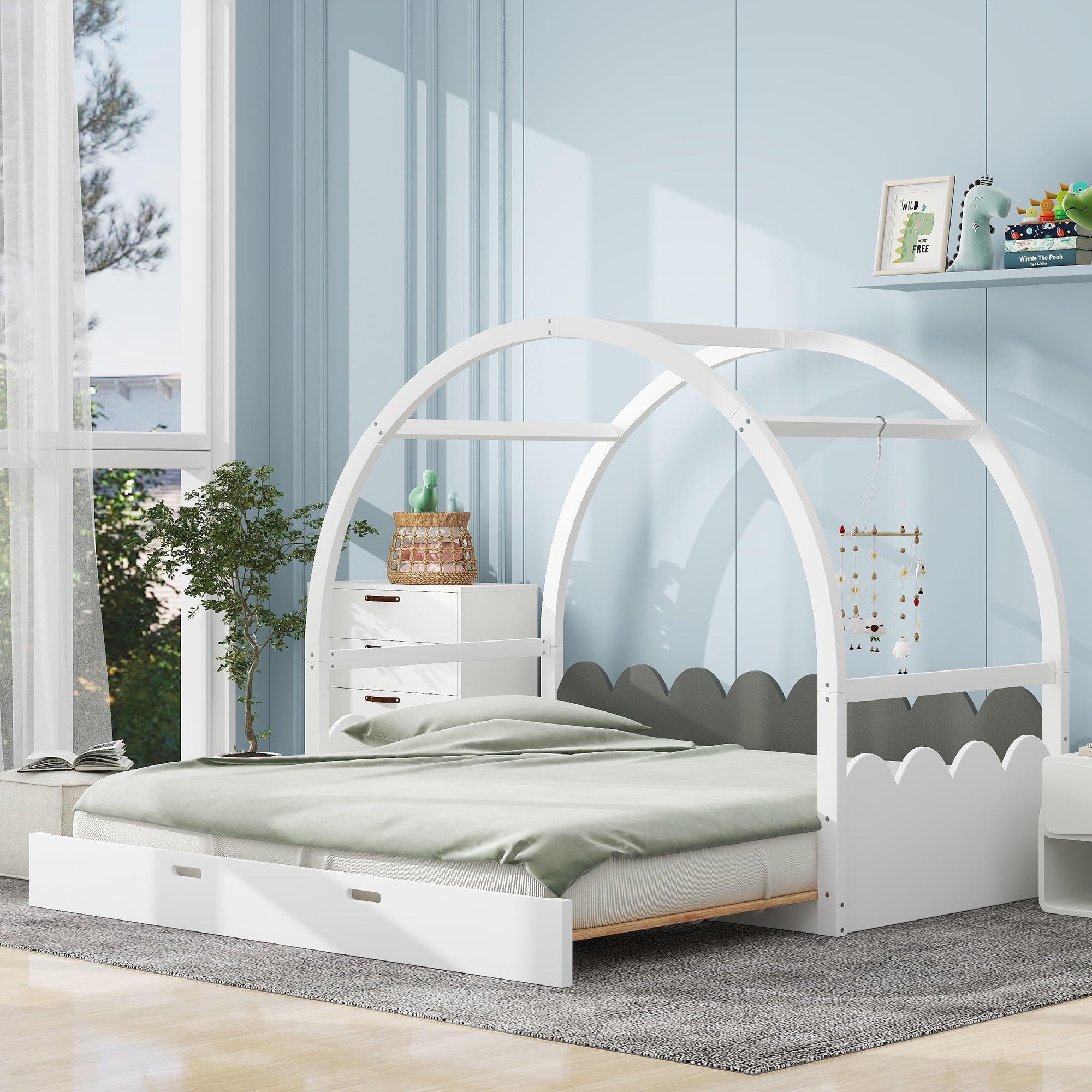 Twin size stretchable vaulted roof bed, children's bed pine wood frame ...