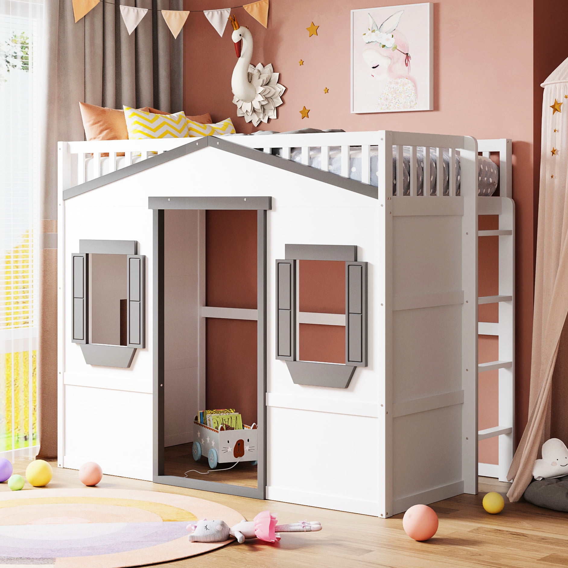 Twin size white gray loft bed with ladder solid wood support stable no ...