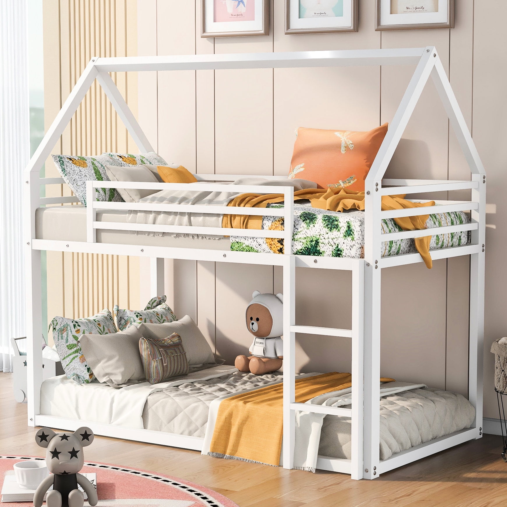 Twin/twin House Bunk Bed, White Metal With Guardrail And Built-in Bed ...