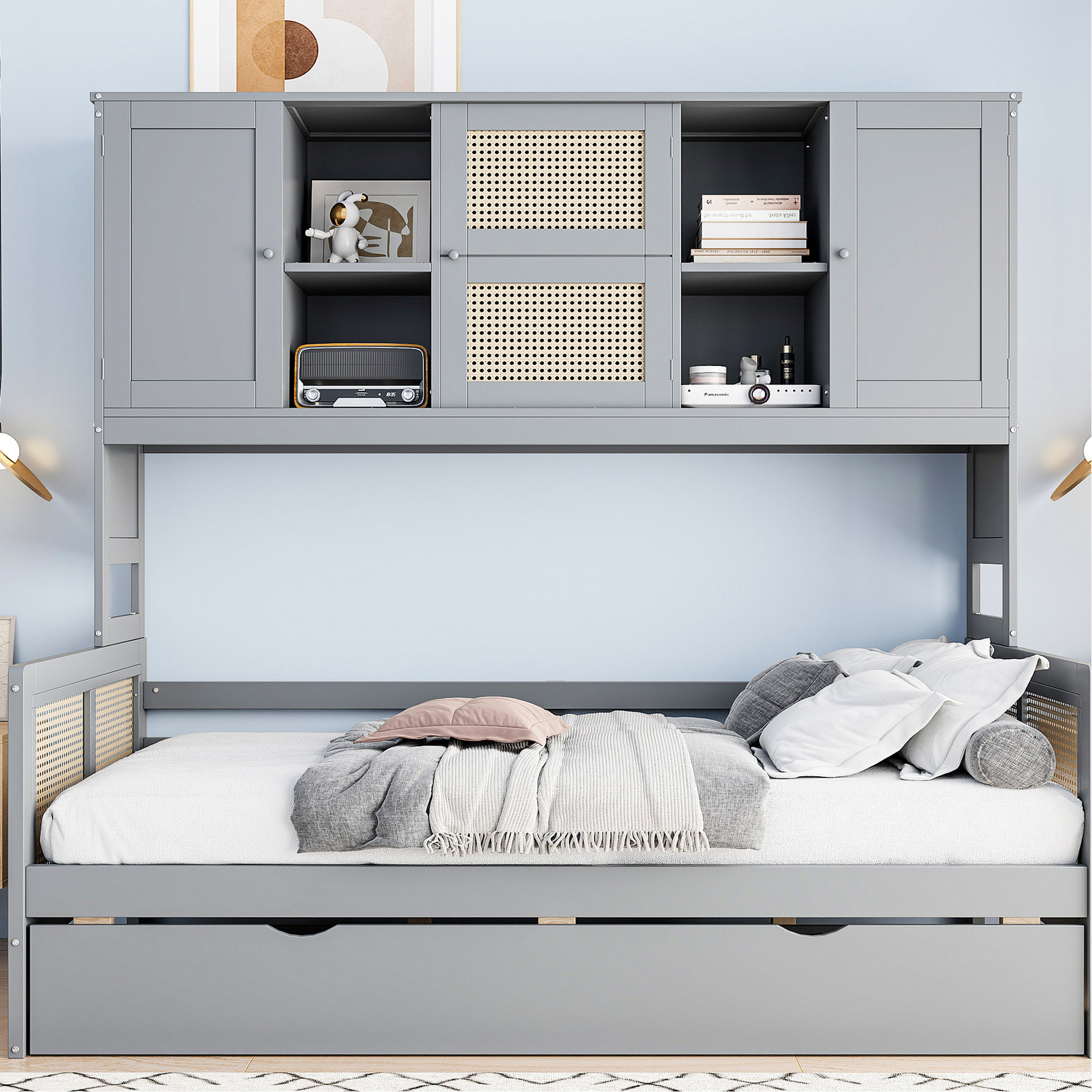 Twin wooden daybed in gray color with trundle and all - in - one ...