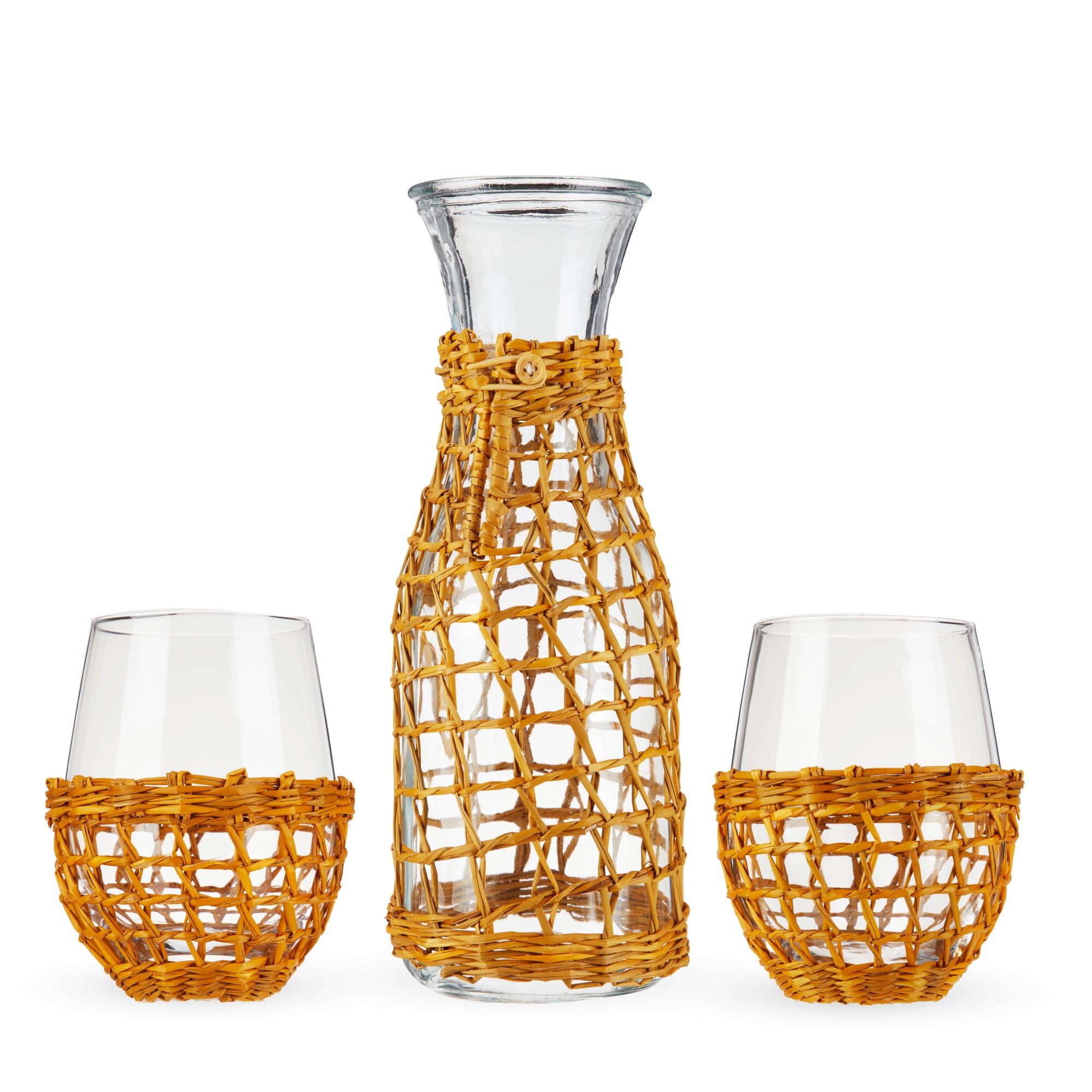 Twine Island 3 Stemless Wine Glasses with 1 Carafe and Seagrass Wrap ...