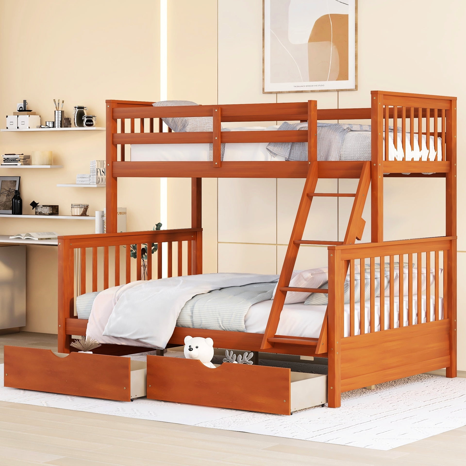 Twinfull Bunk Bed With Storage Compartments, Rich Walnut In Ample And ...