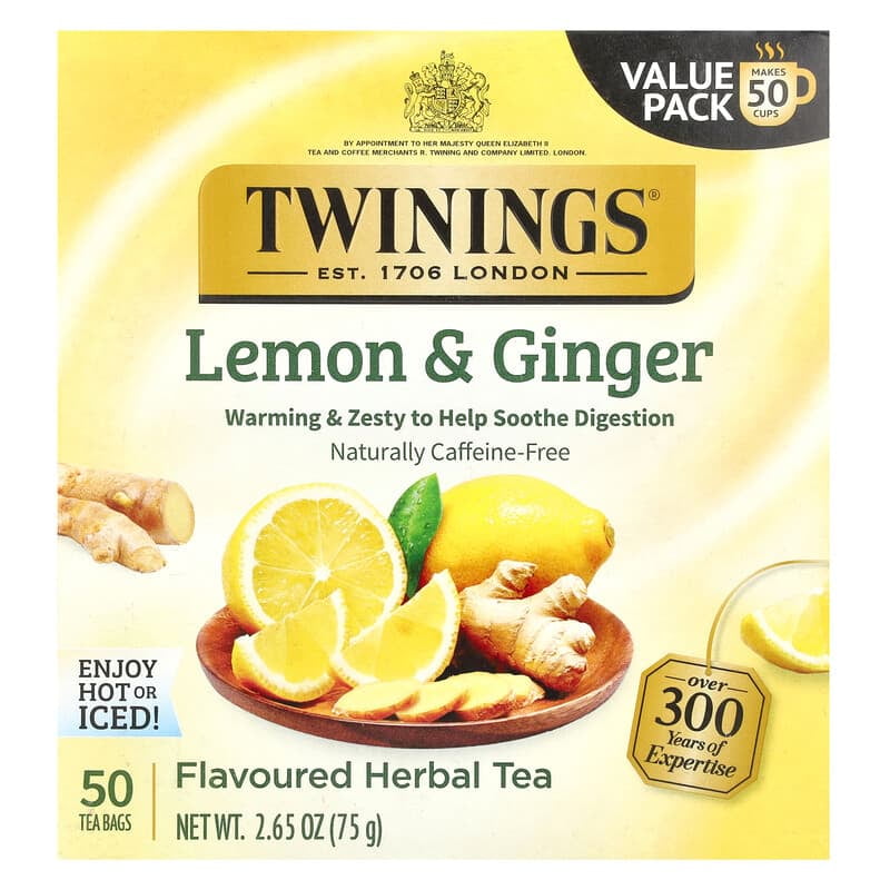 Twinings, Flavored Herbal Tea, Lemon & Ginger, Caffeine Free, 50 Tea ...