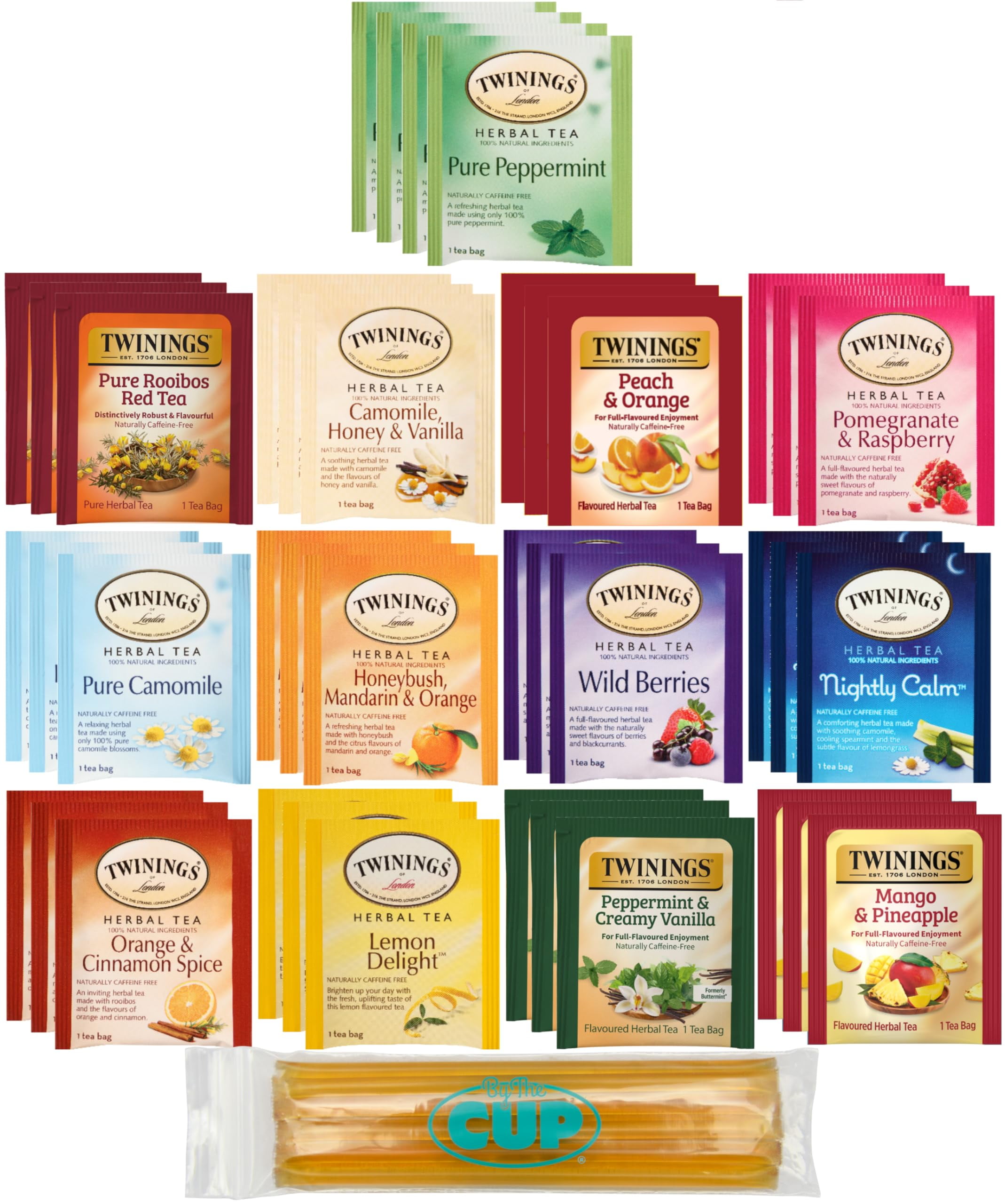 Twinings Herbal Tea Bag Assortment Pack Of 40 With By The Cup Honey Sticks