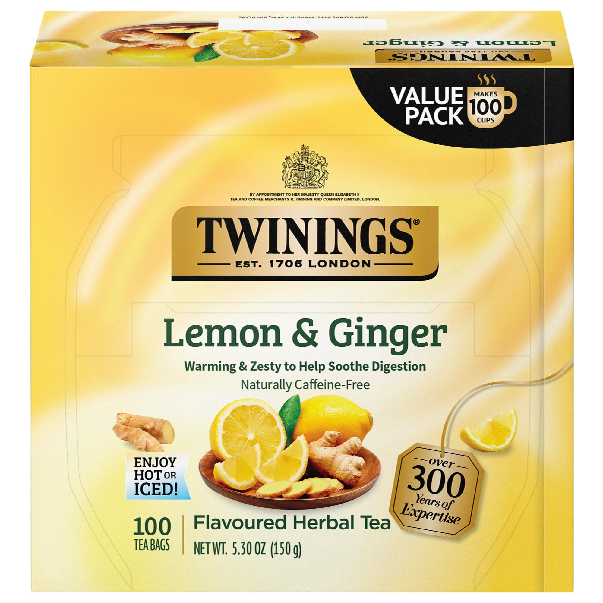 Twinings Lemon & Ginger Herbal Tea Individually Wrapped Bags, 100 Count ...