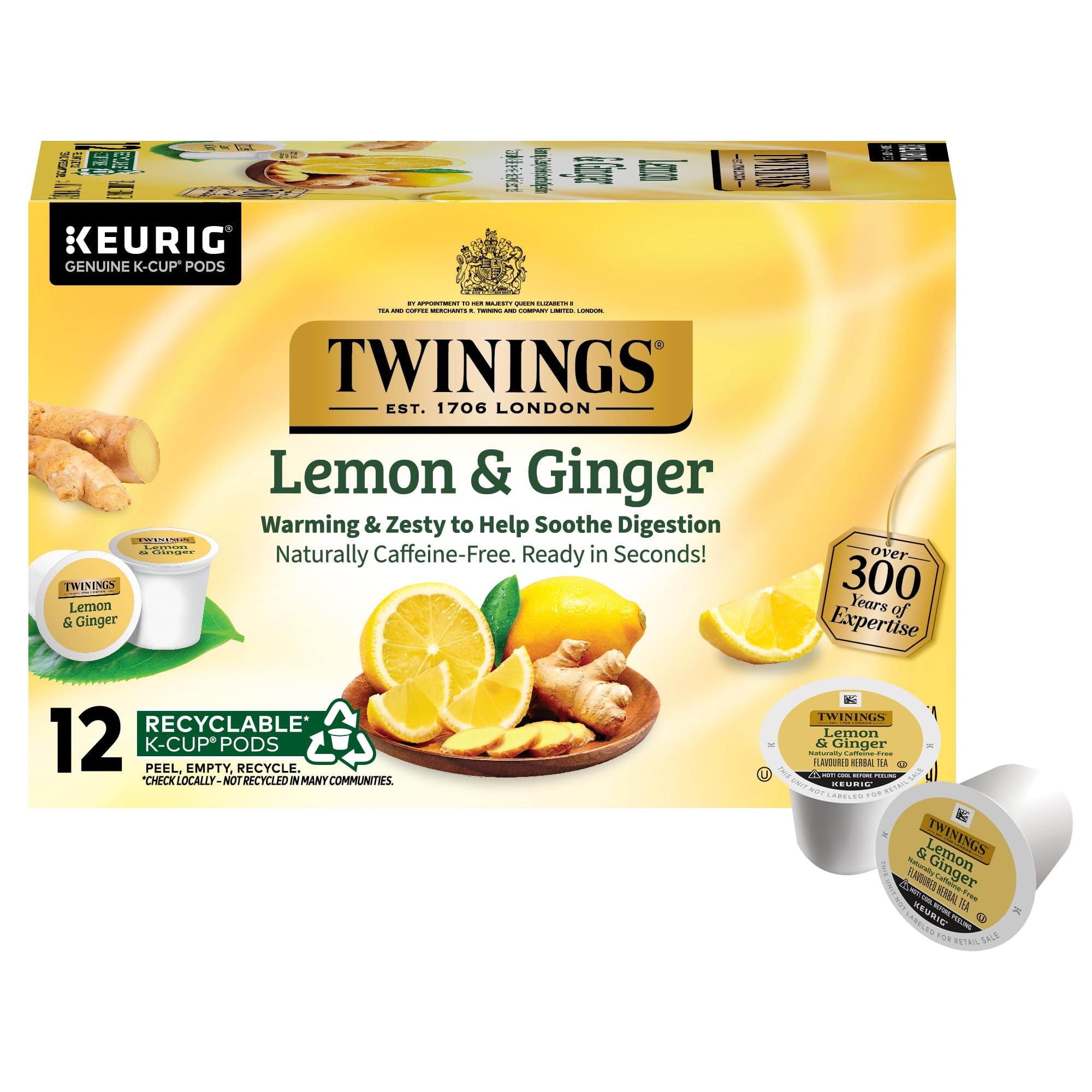 Twinings Lemon & Ginger Herbal Tea K-Cup Pods for Keurig, 12 Count ...