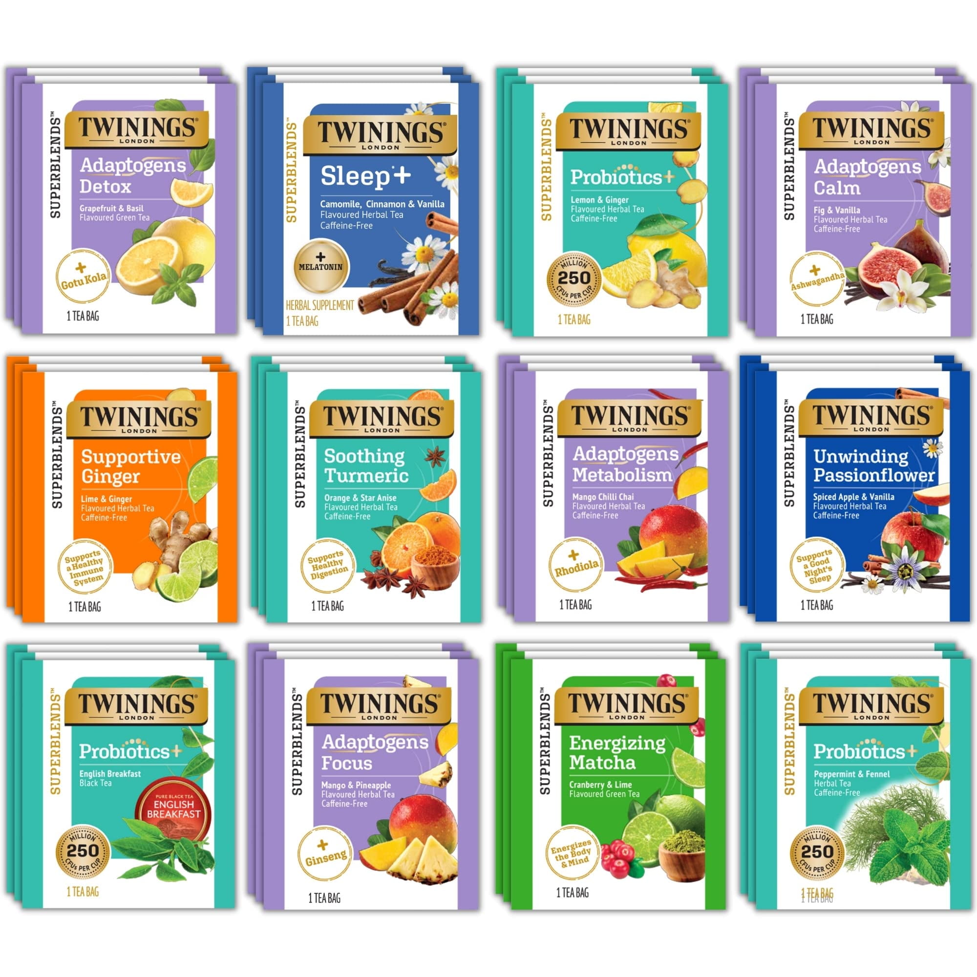 Twinings Wellness Tea Bags Sampler - Herbal, Caffeinated and Caffeine ...