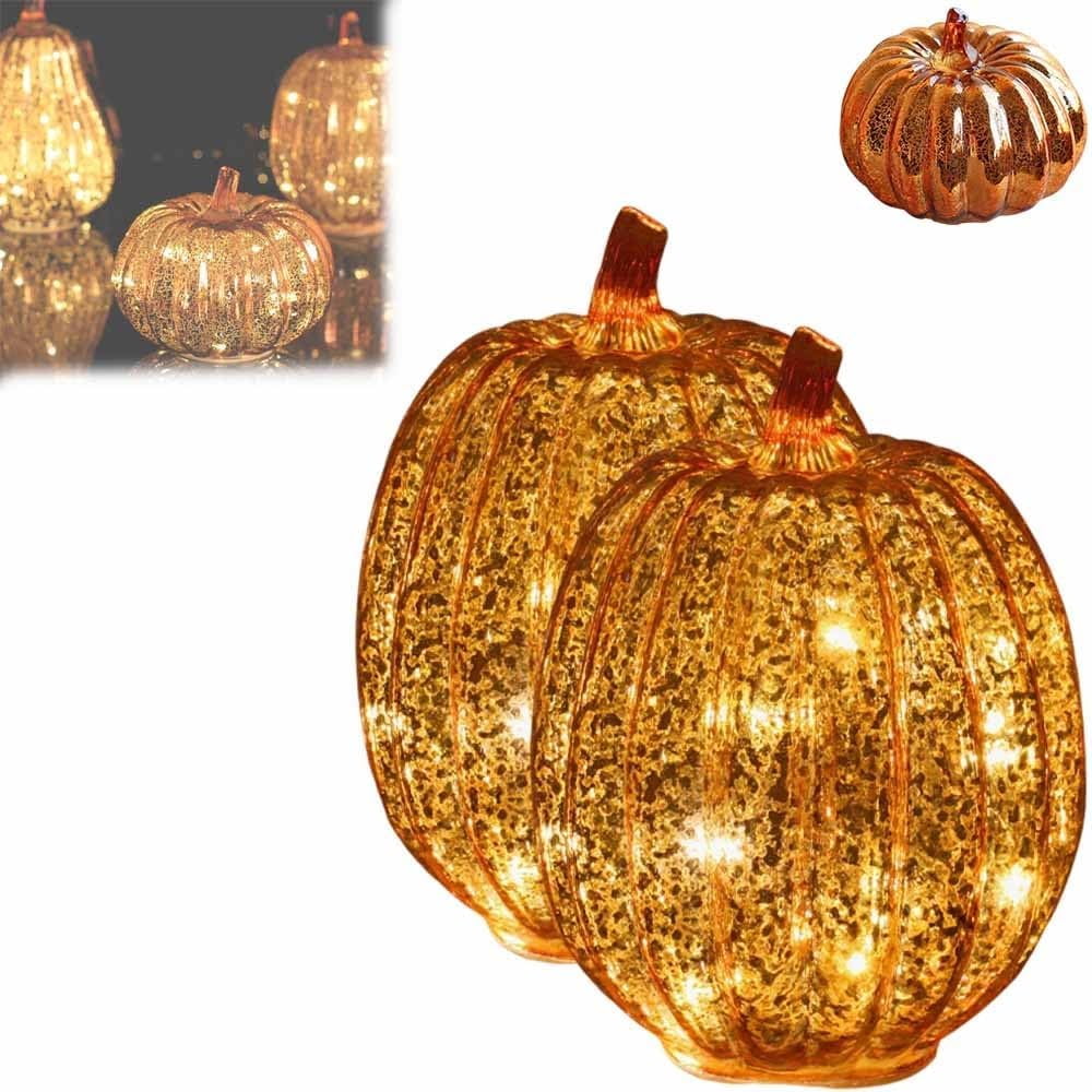 Twinkle LED Light Pumpkins, Timer Lighted Sparkling Starry Night Glass ...