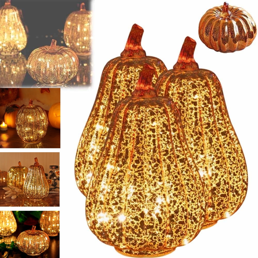 Twinkle LED Light Pumpkins, Timer Lighted Sparkling Starry Night Glass ...