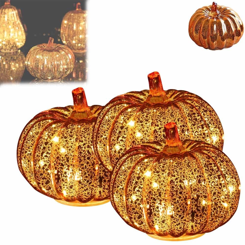 Twinkle LED Light Pumpkins, Timer Lighted Sparkling Starry Night Glass ...