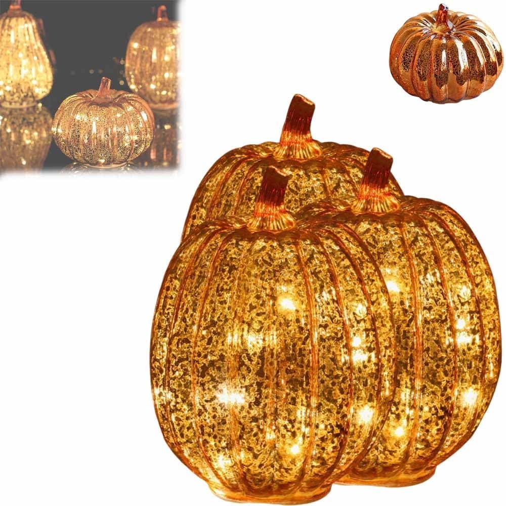Twinkle LED Light Pumpkins, Timer Lighted Sparkling Starry Night Glass ...