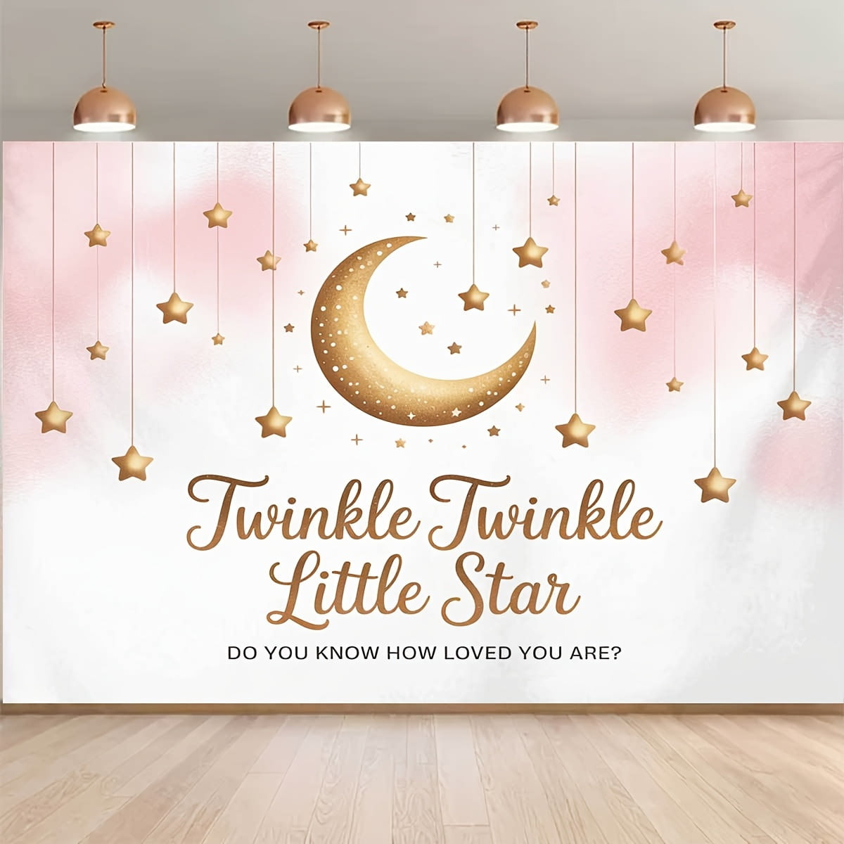Twinkle Twinkle Little Star Backdrop Pink Sweet Baby Shower Background Golden Stars Moon Clouds ...