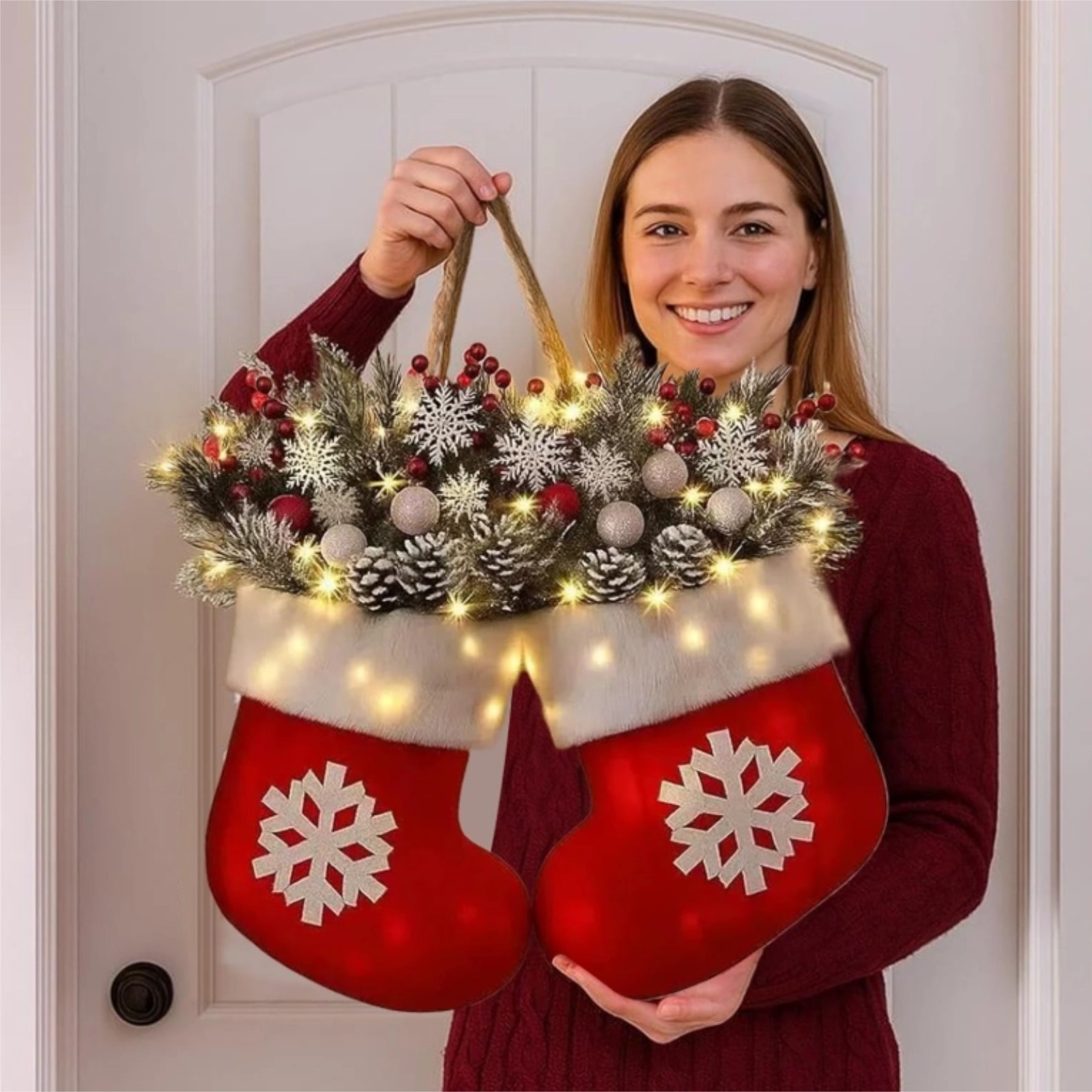 Twinkling Christmas Sock Wreath, Pre-Lit Flocked Christmas Wreath ...