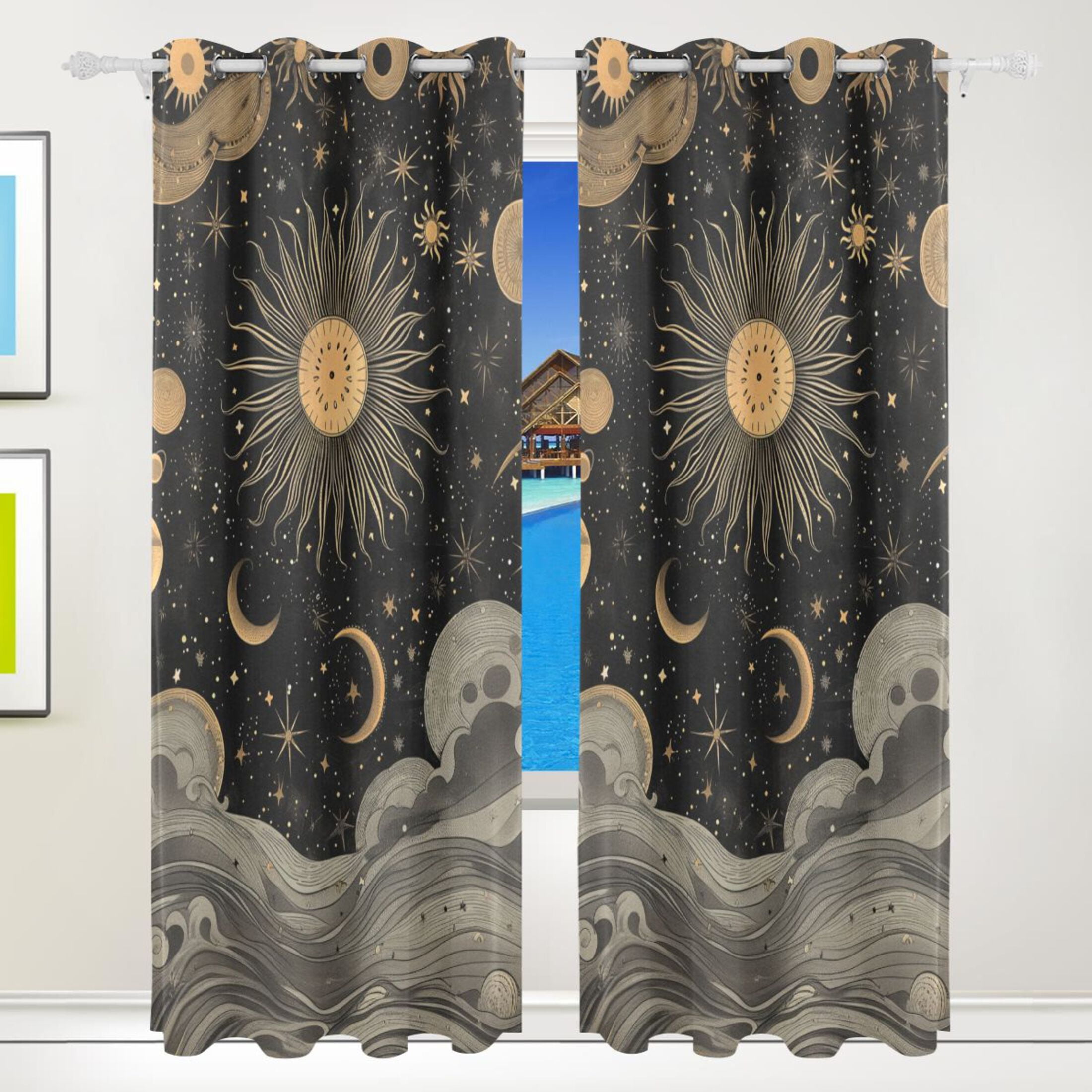 Twinkling Sun Moon Stars Blackout Curtains 84 inch Length 2 Panels ...