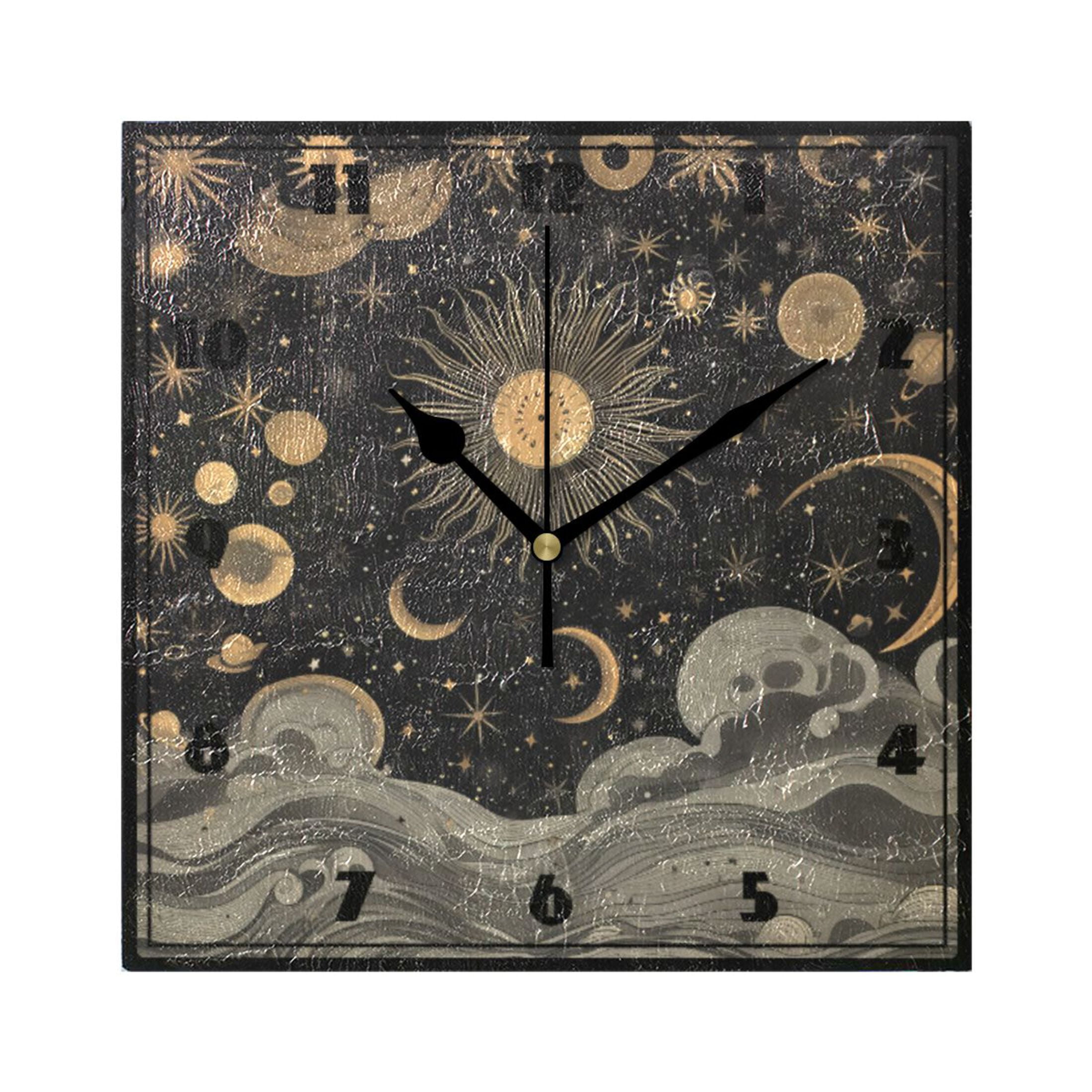 Twinkling Sun Moon Stars Wall Clock 7.78" Non-Ticking Silent Battery Operated for Home Bedroom ...