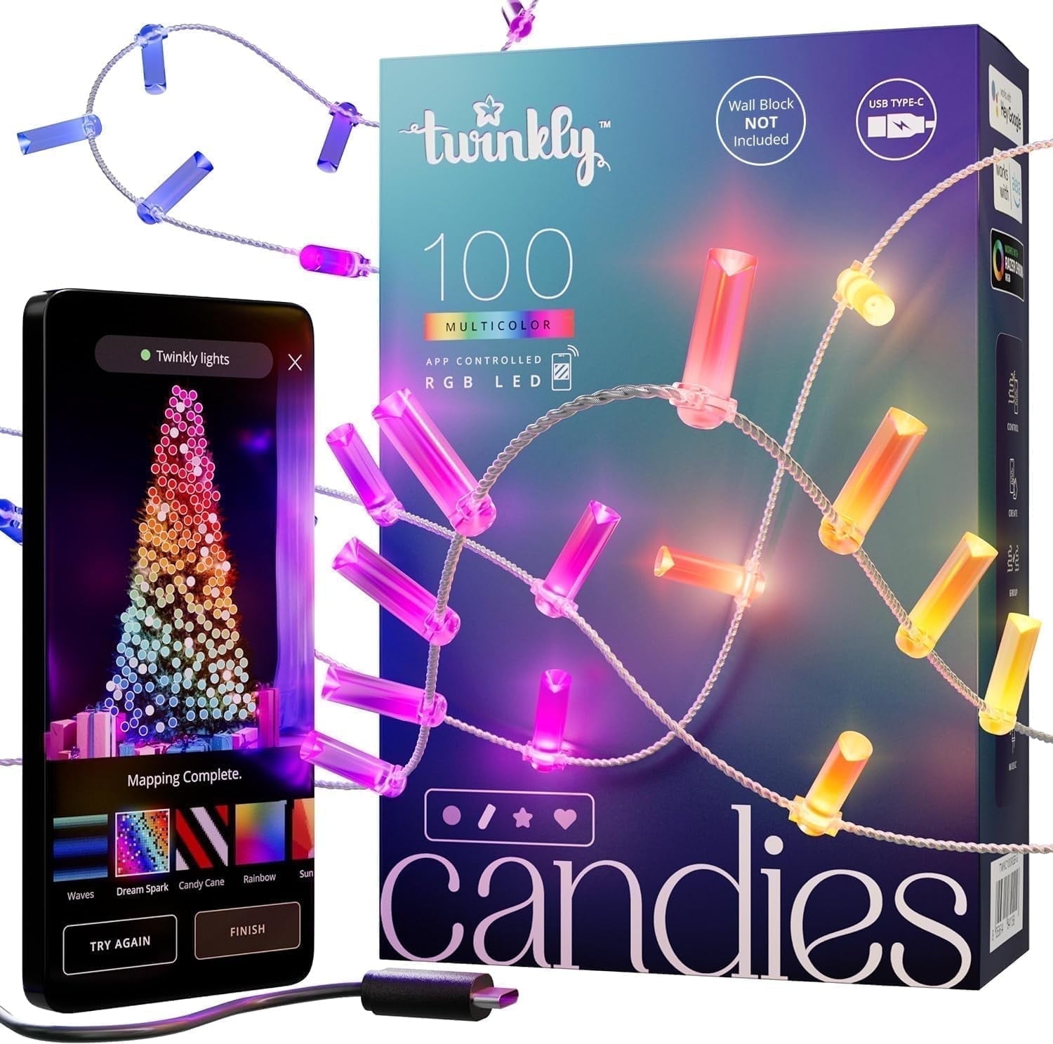 Twinkly Candies Indoor LED String Lights, 19.7 ft, USB-C Powered, 100 RGB LEDs - Walmart.com