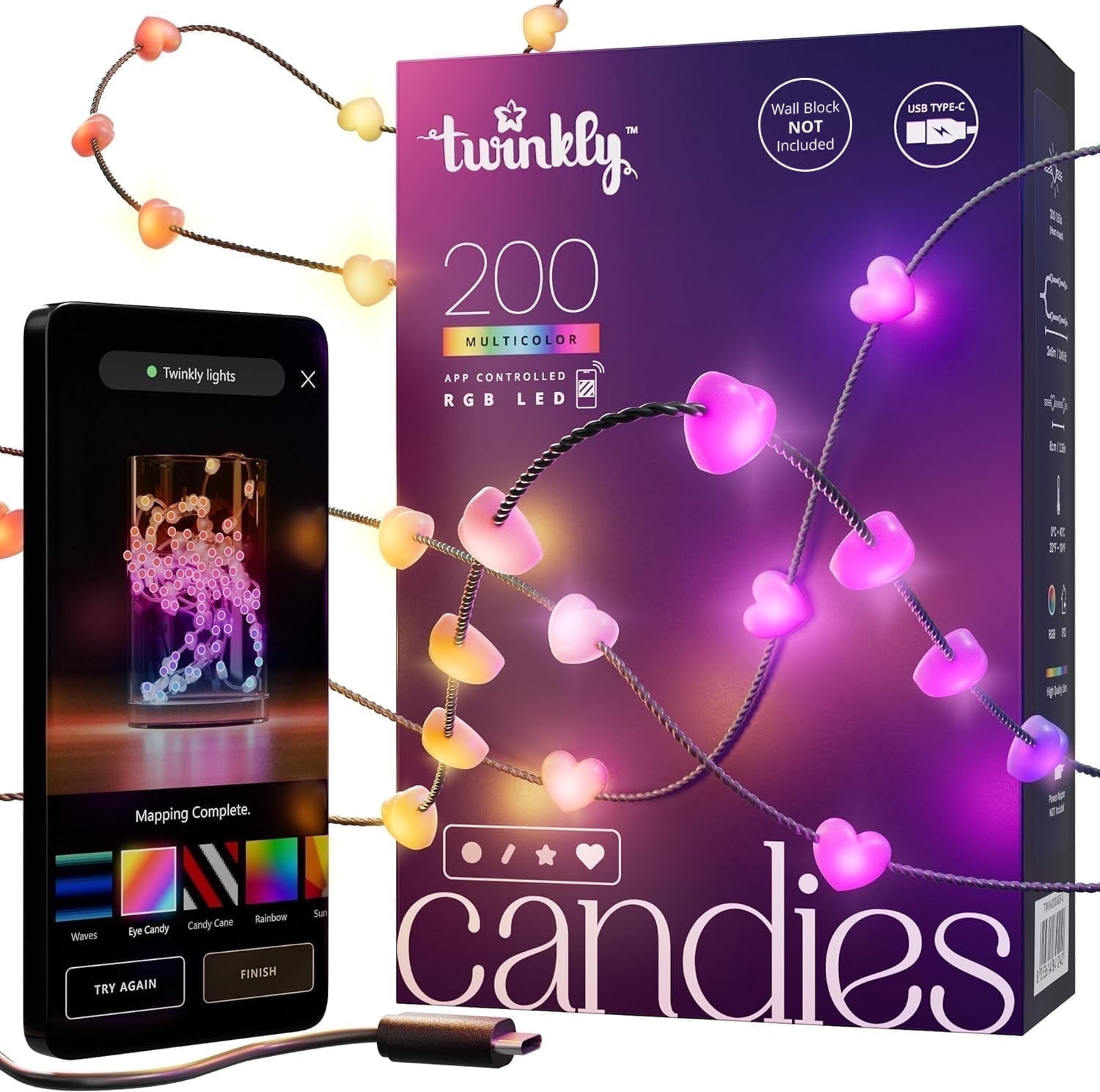 Twinkly Candies App-Controlled LED String Lights, 200 RGB Colors, 19 ...