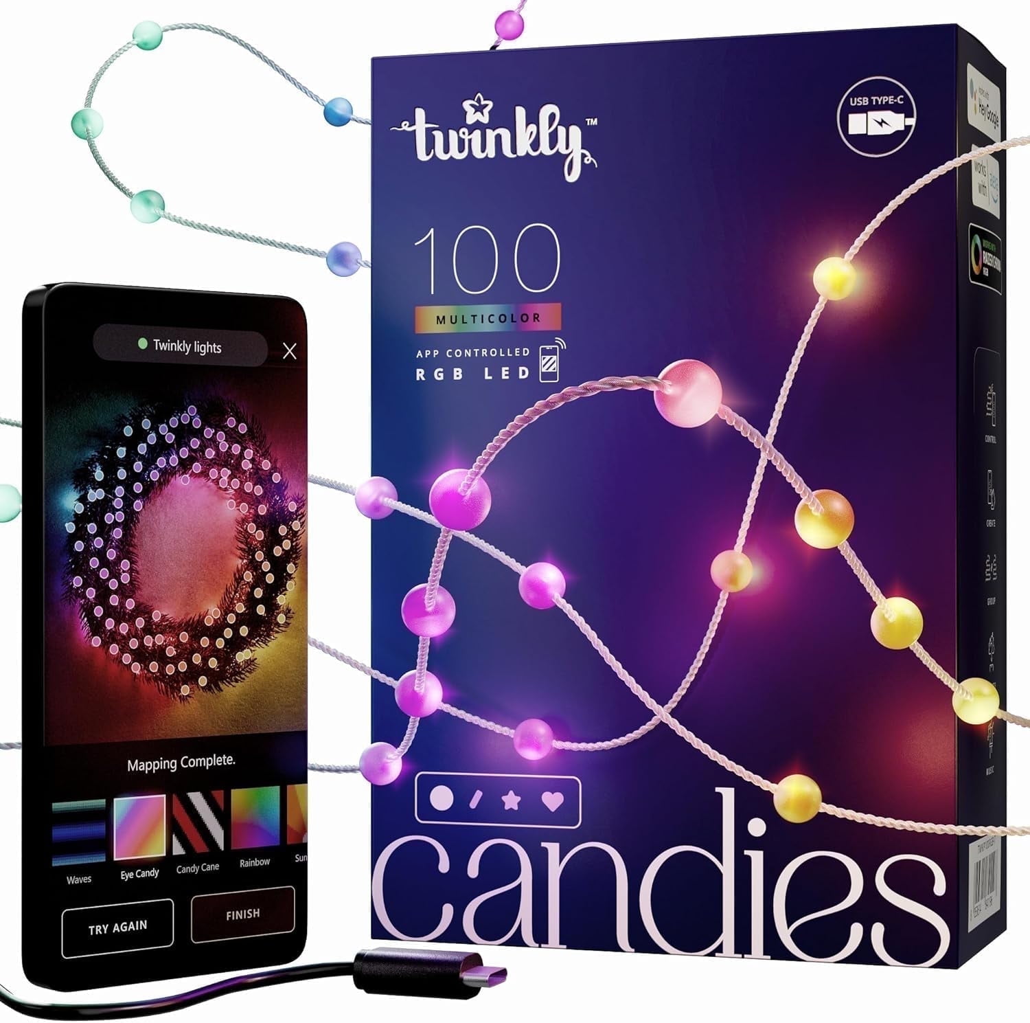 Twinkly Candies 100-Pack Indoor String Lights, 19.7ft, USB-C Powered ...