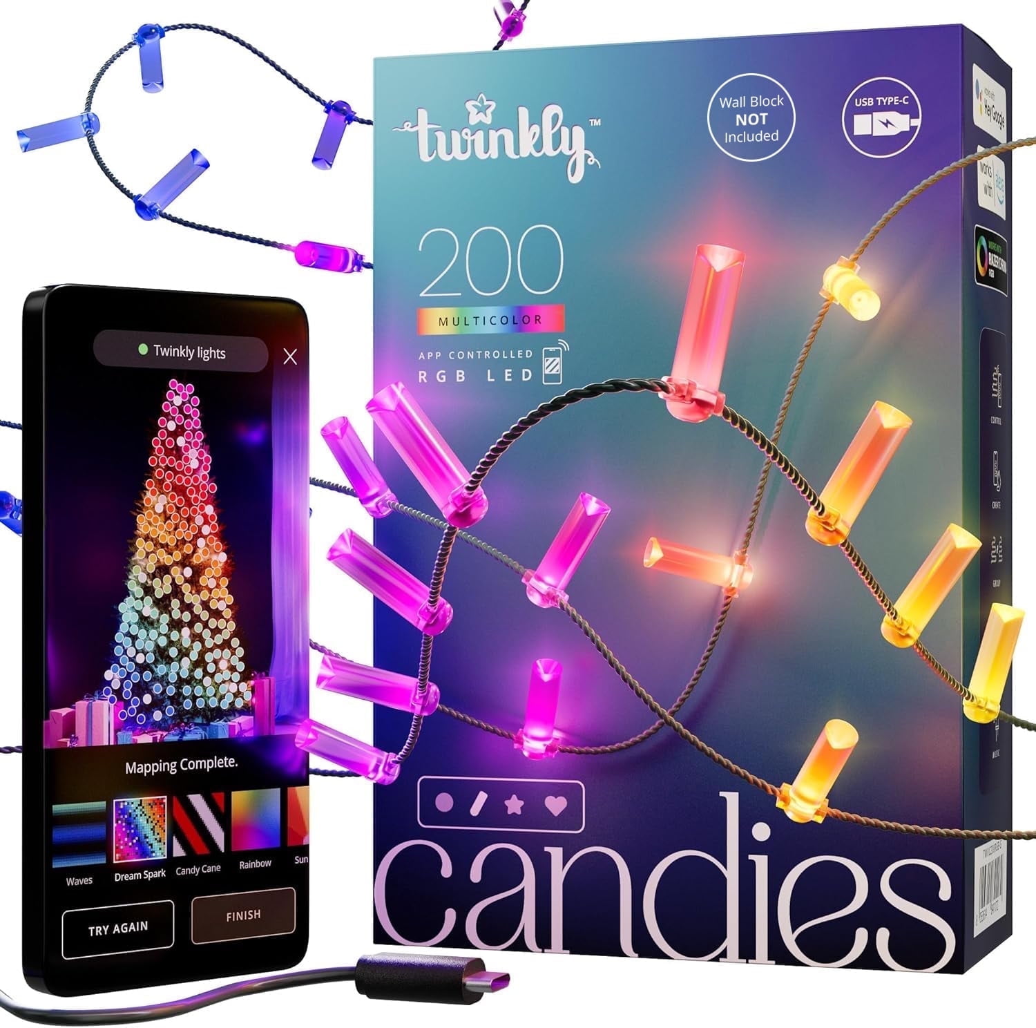 Twinkly Candies LED String Lights, 200 RGB Colors, 39.4ft Green Wire ...