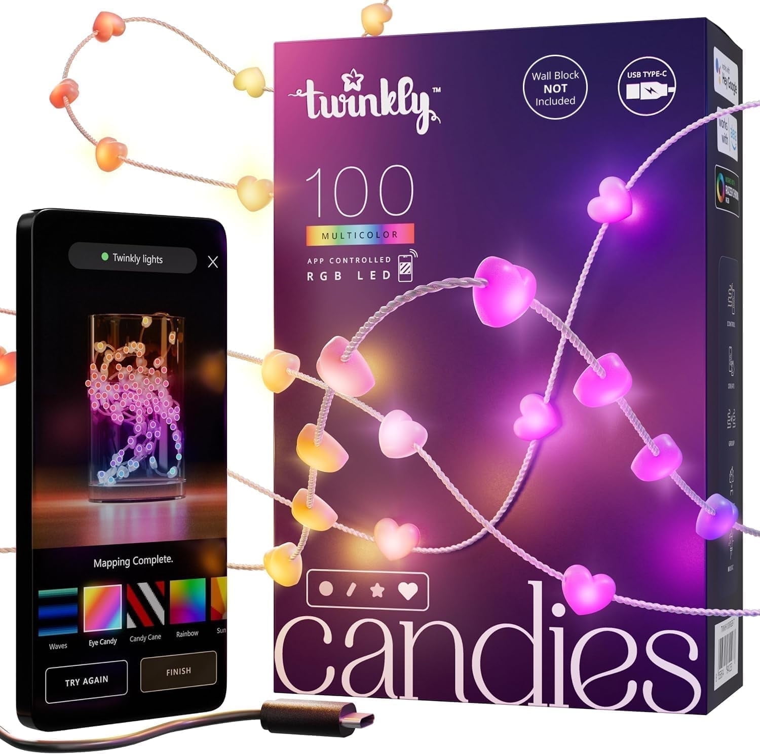 Twinkly Candies USB-C Heart-Shaped LED String Lights, 100 RGB Colors ...