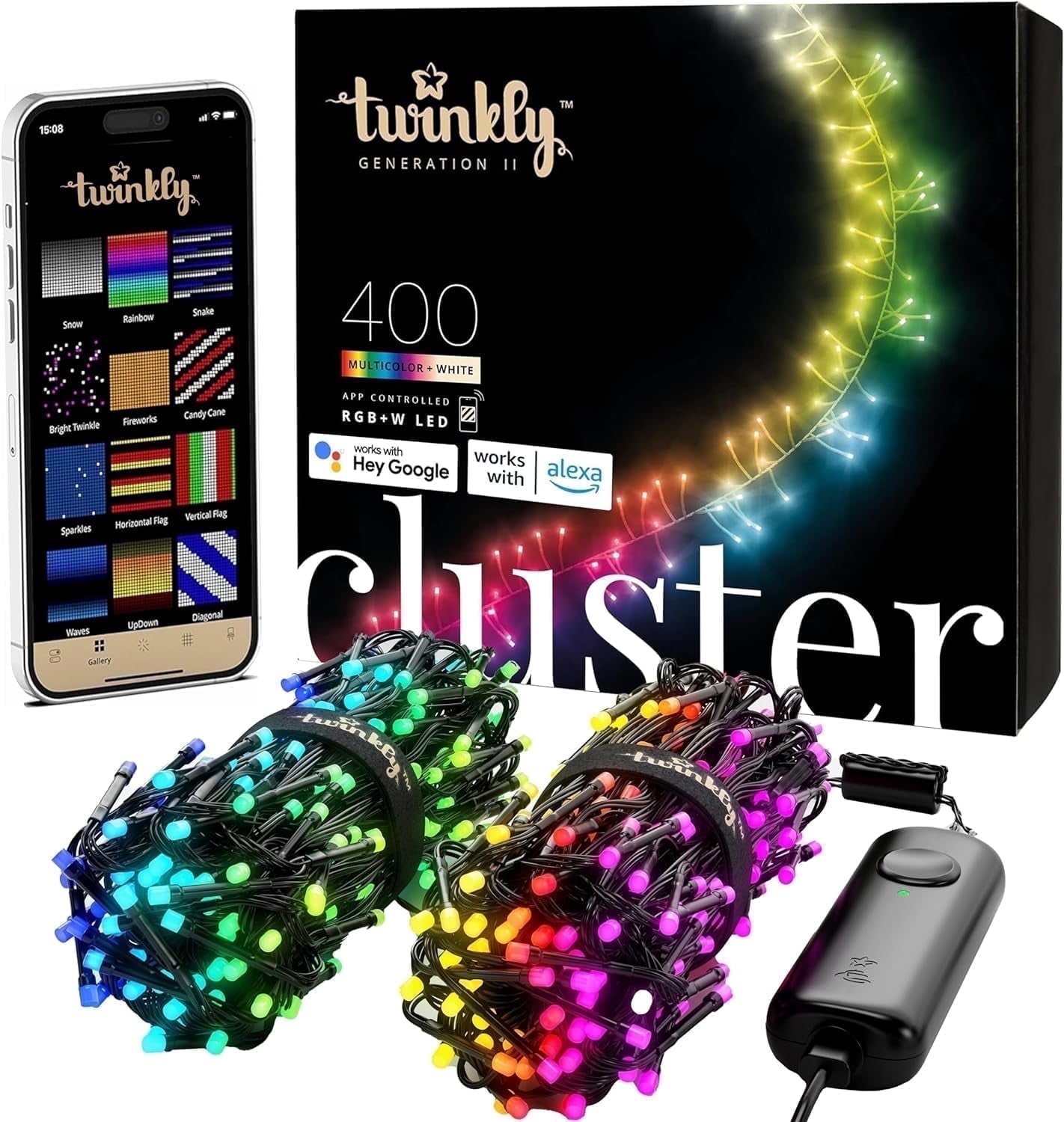 Twinkly Cluster 19.7ft Electric LED String Lights, Smart App-Controlled ...