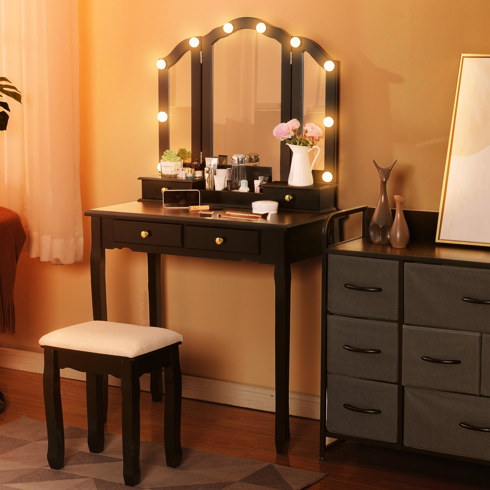 Twira Makeup Vanity, Vanity with Lighted Mirror, Bedroom Vanity with 3 ...