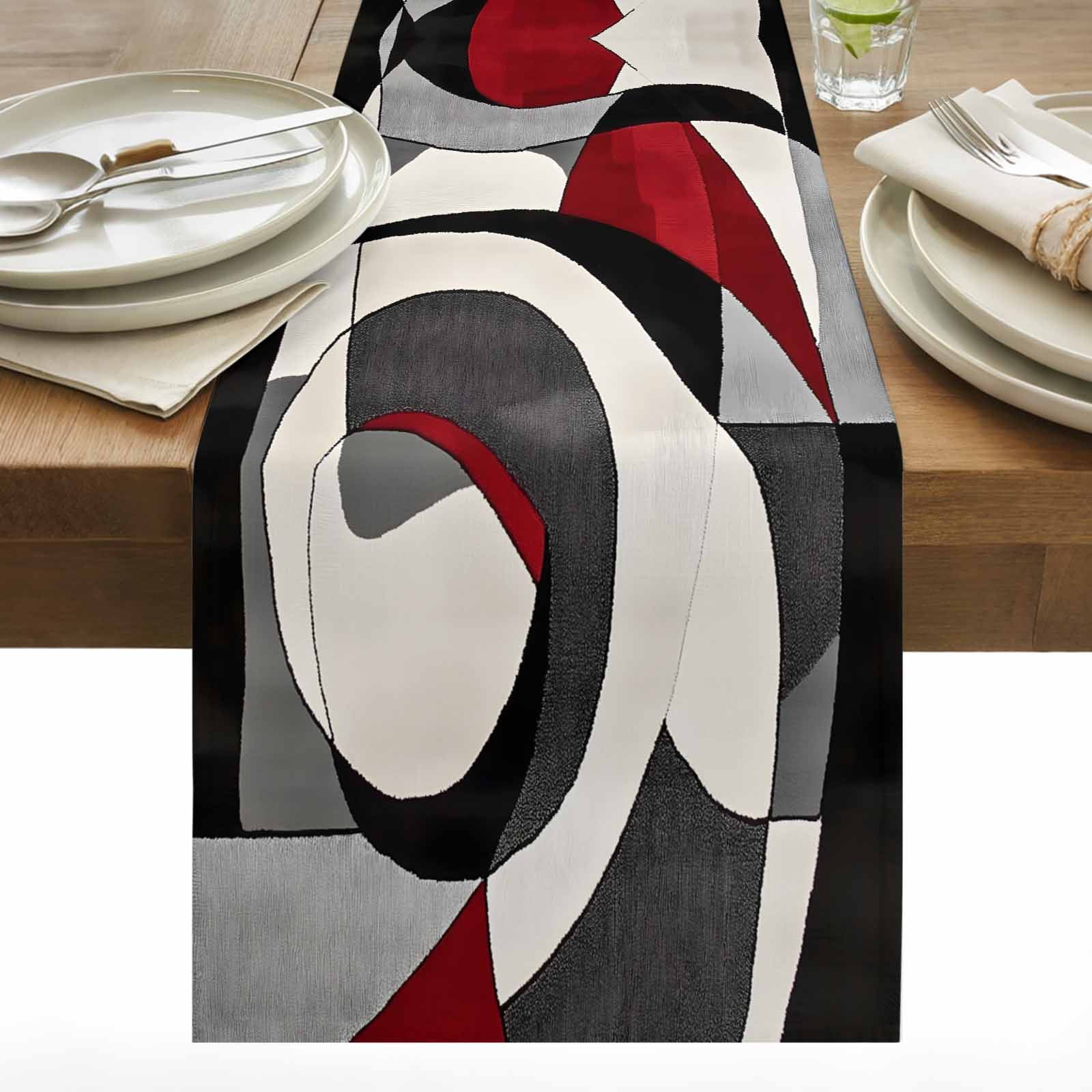 Twist Art Table Runner 13x60 inch Red Black Classic Match Cotton Linen ...