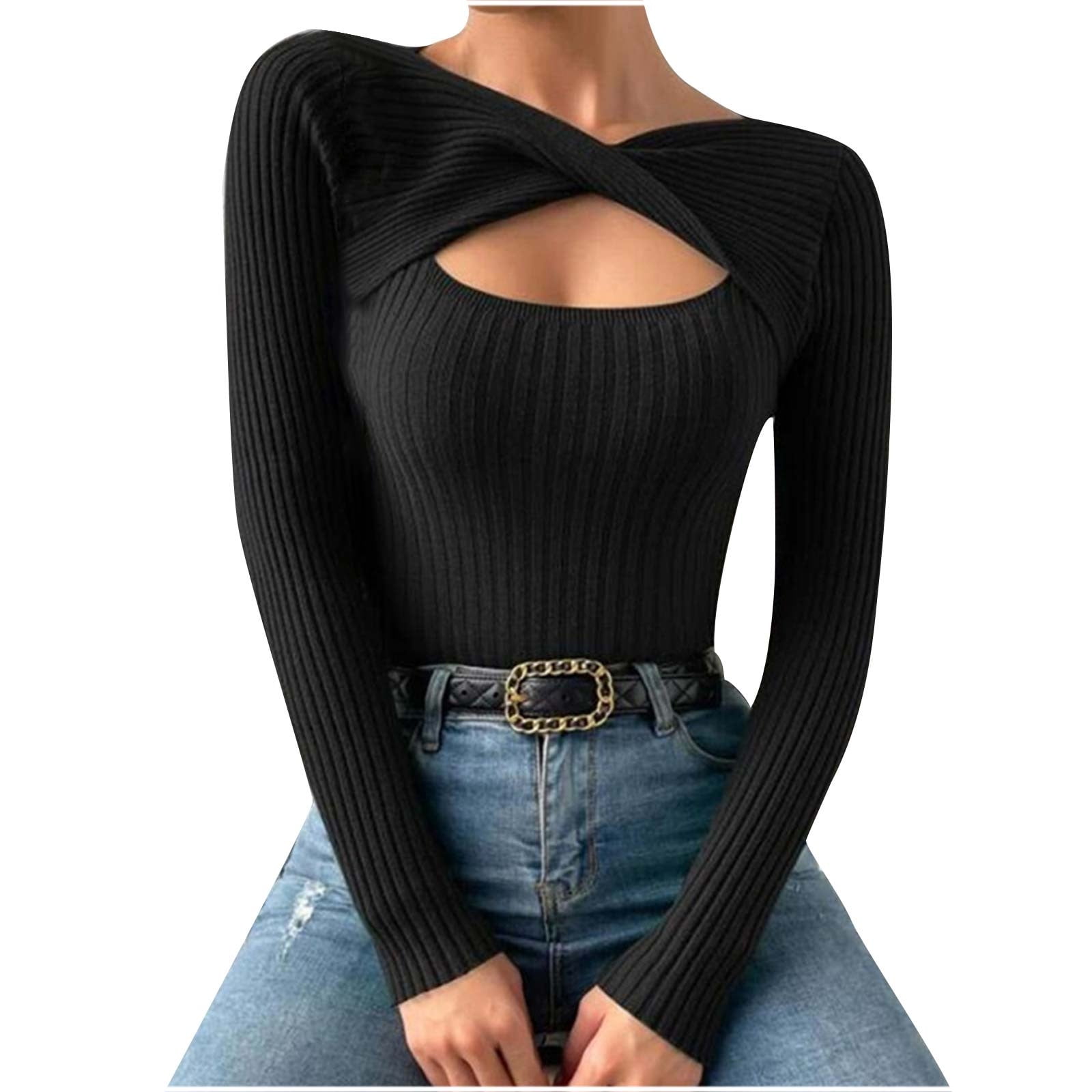 Twist Front Top Womens Sexy Cutout Ribbed Knit Bodycon Blouses Shirt ...