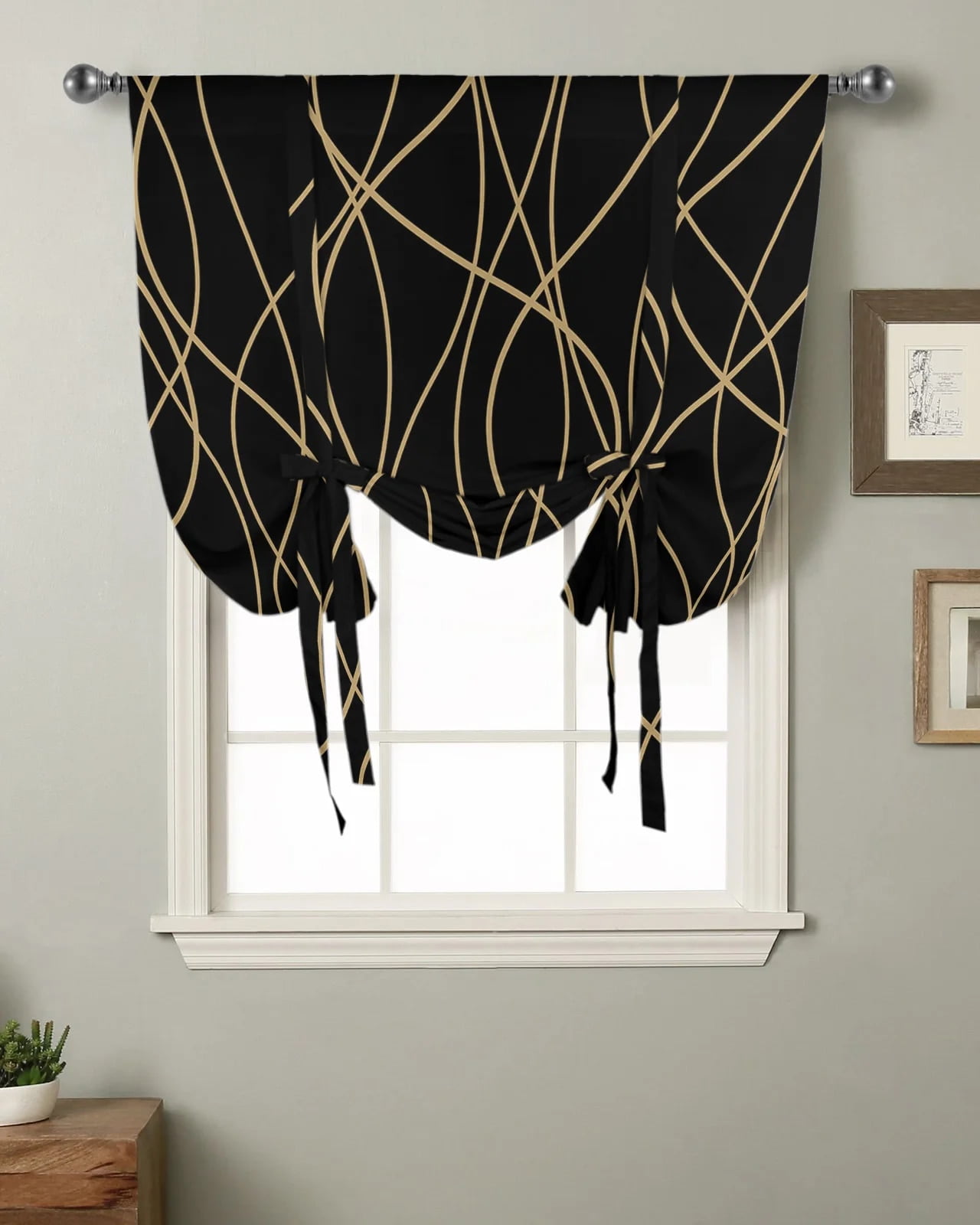 Twisted Lines Modern Art Black Kitchen Short Window Curtain Rod Pocket ...