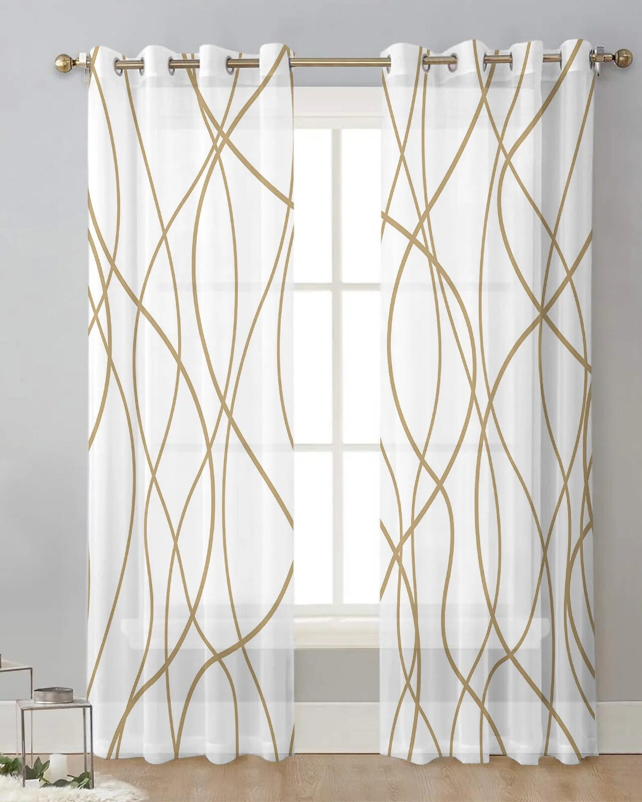 Twisted Lines Modern Art Brown Tulle Curtain Living Room Printed Sheer ...