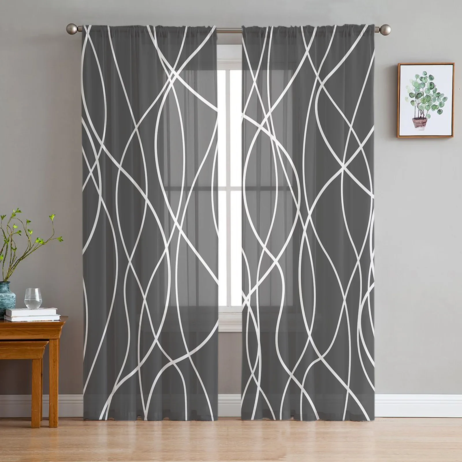 Twisted Lines Modern Art Grey Sheer Curtains Home Window rations Voile ...