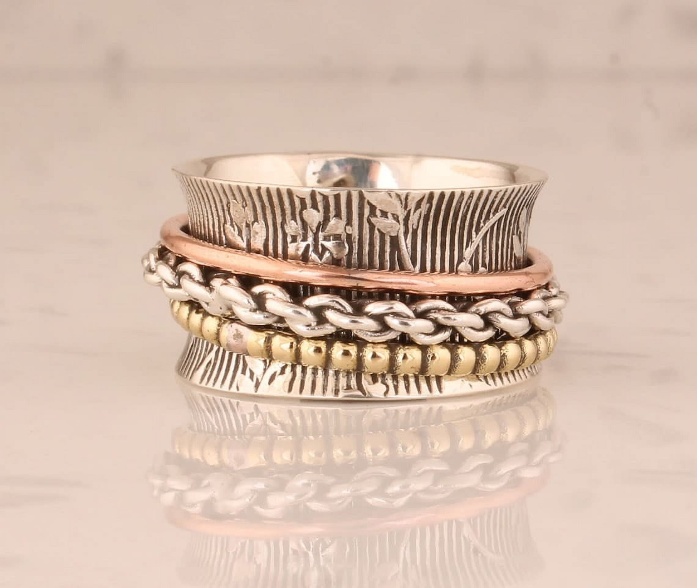 Twisted Rope Chain Band Sterling Silver 925 Anxiety Ring for Men & Women – Handmade Three-Tone ...