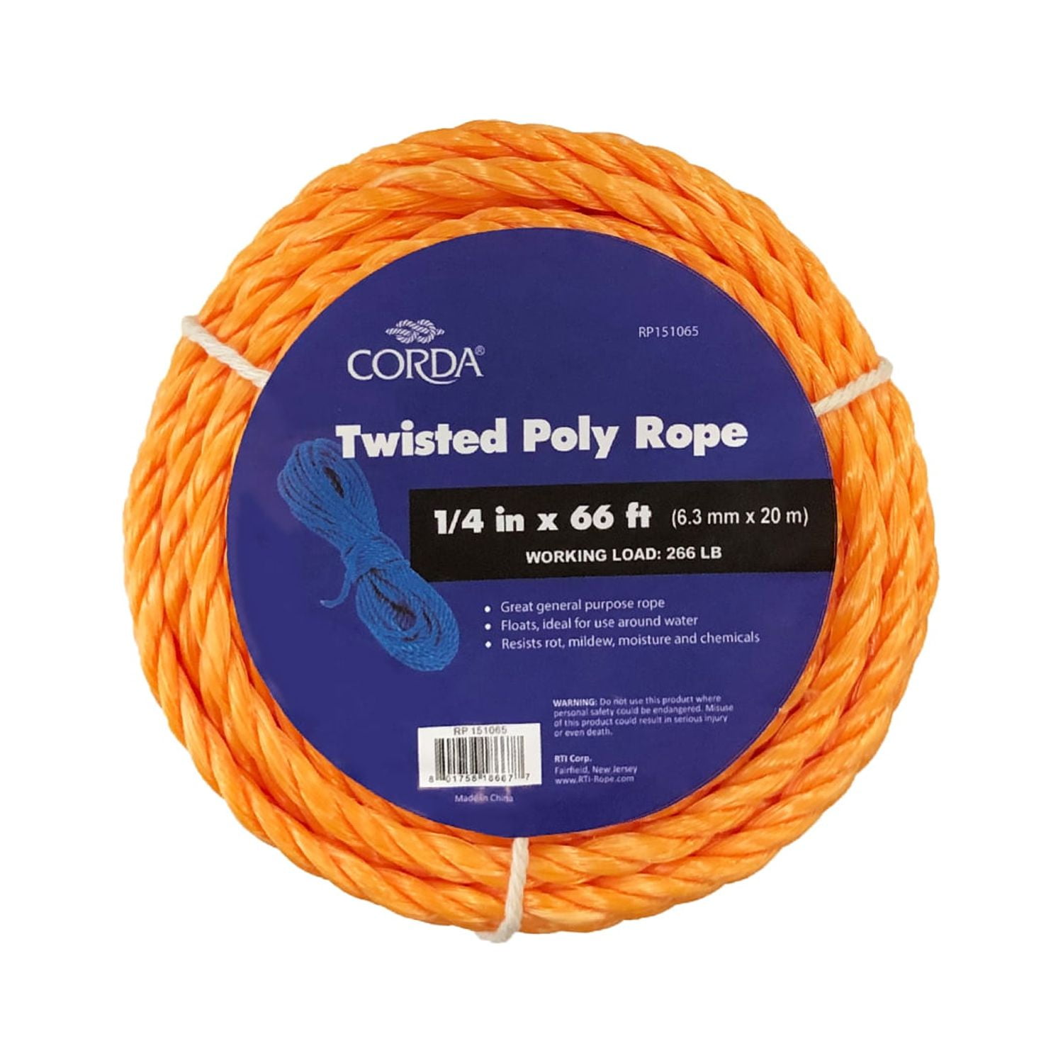 Twisted Rope, Orange, Polypropylene, 1/4" x 66' - Walmart.com
