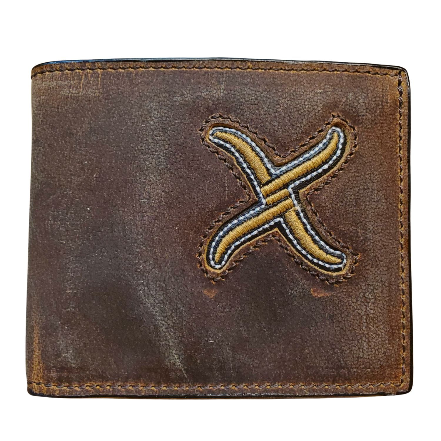 Twisted X Mens Distressed Leather Bifold Wallet (Brown/Yellow ...