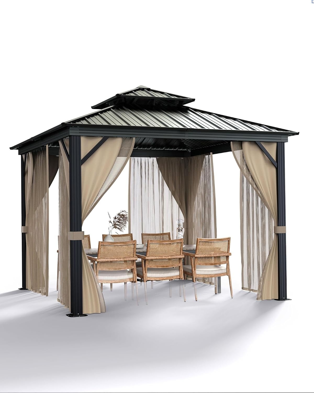 Twister.CK 10x12ft Gazebo, Hardtop Double Roof Canopy with Netting and ...