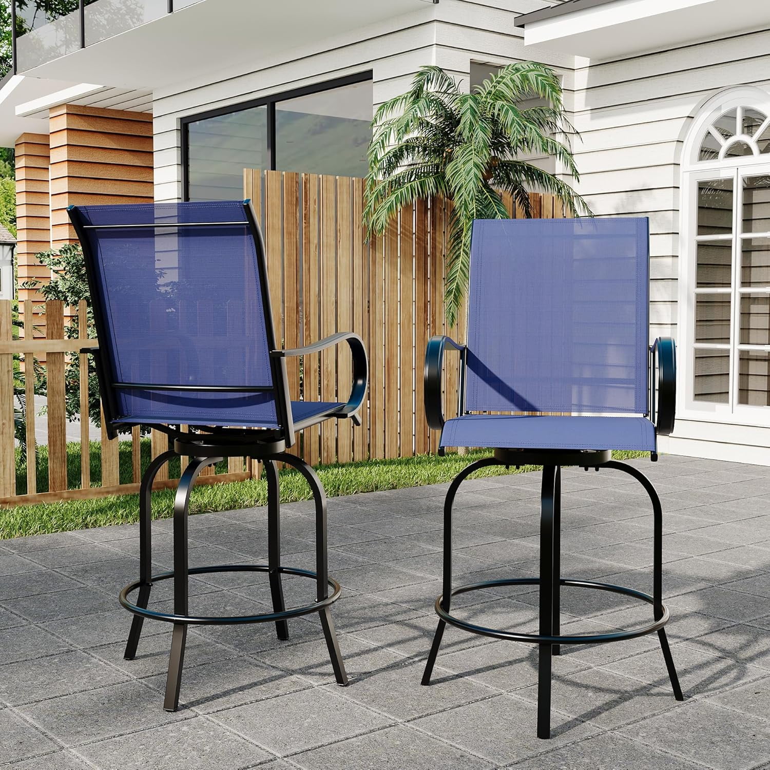 Twister.CK 2 Pcs Outdoor Swivel Metal Bistro Bar Stools, Patio Bar Counter Height Textilene ...