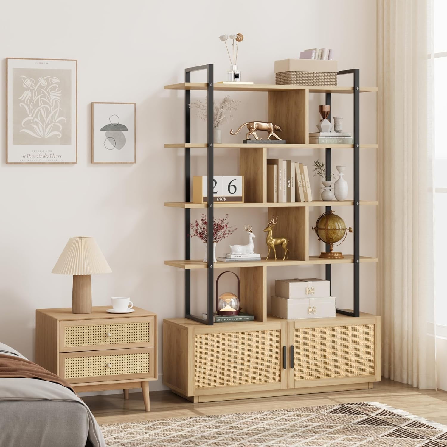Twister.CK 5 Tier Rattan Bookshelf with Storage Cabinet & Door, 71.1 ...