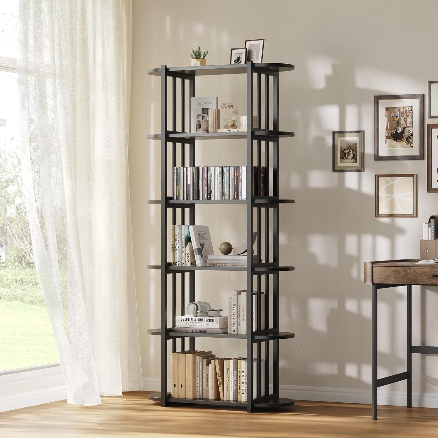Twister.CK 6-Tier Industrial Bookshelf, Rustic Wood Bookcase with Metal ...