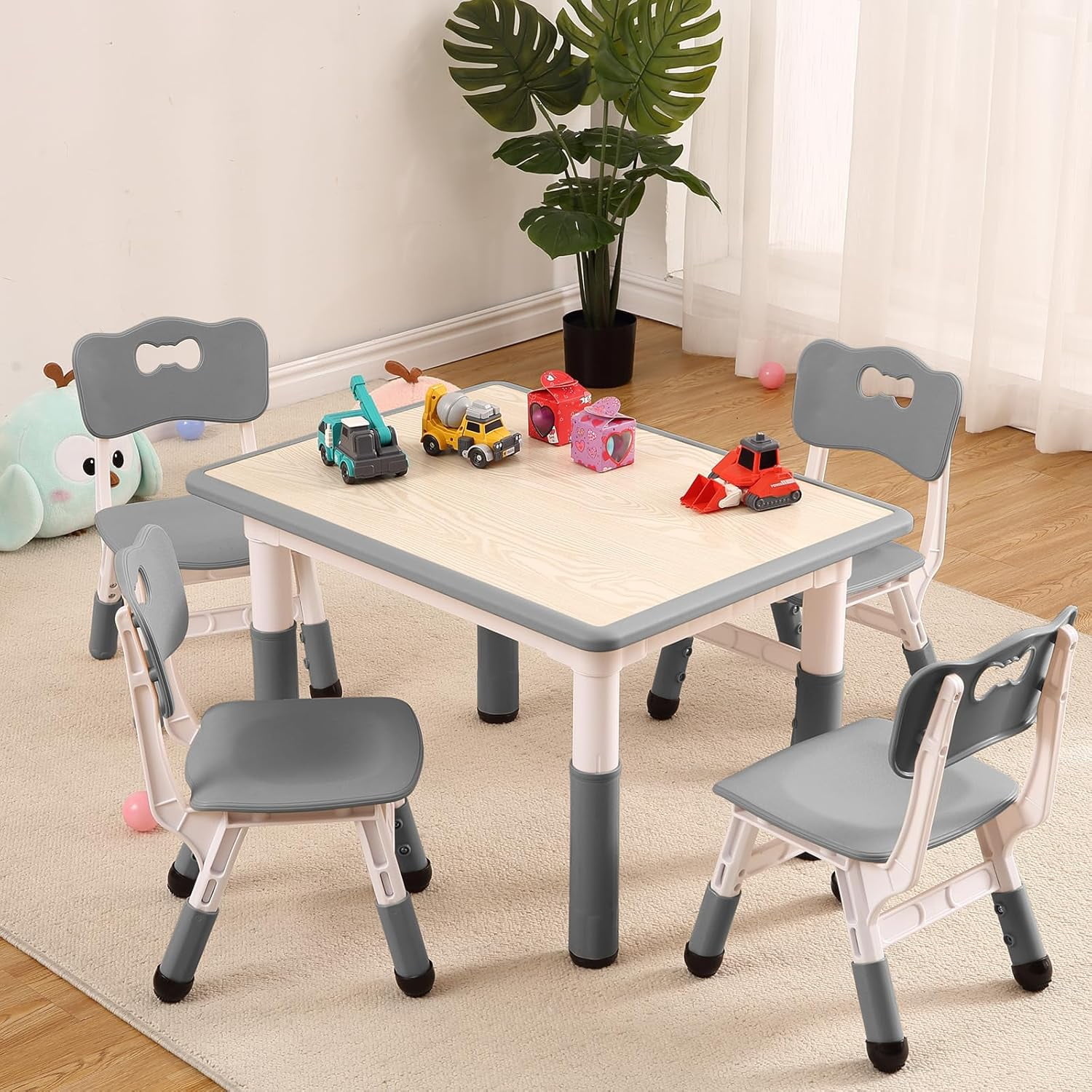 Twister.CK Kids Table and Chairs Set, Height Adjustable Toddler Table and 4 Chairs, Children ...