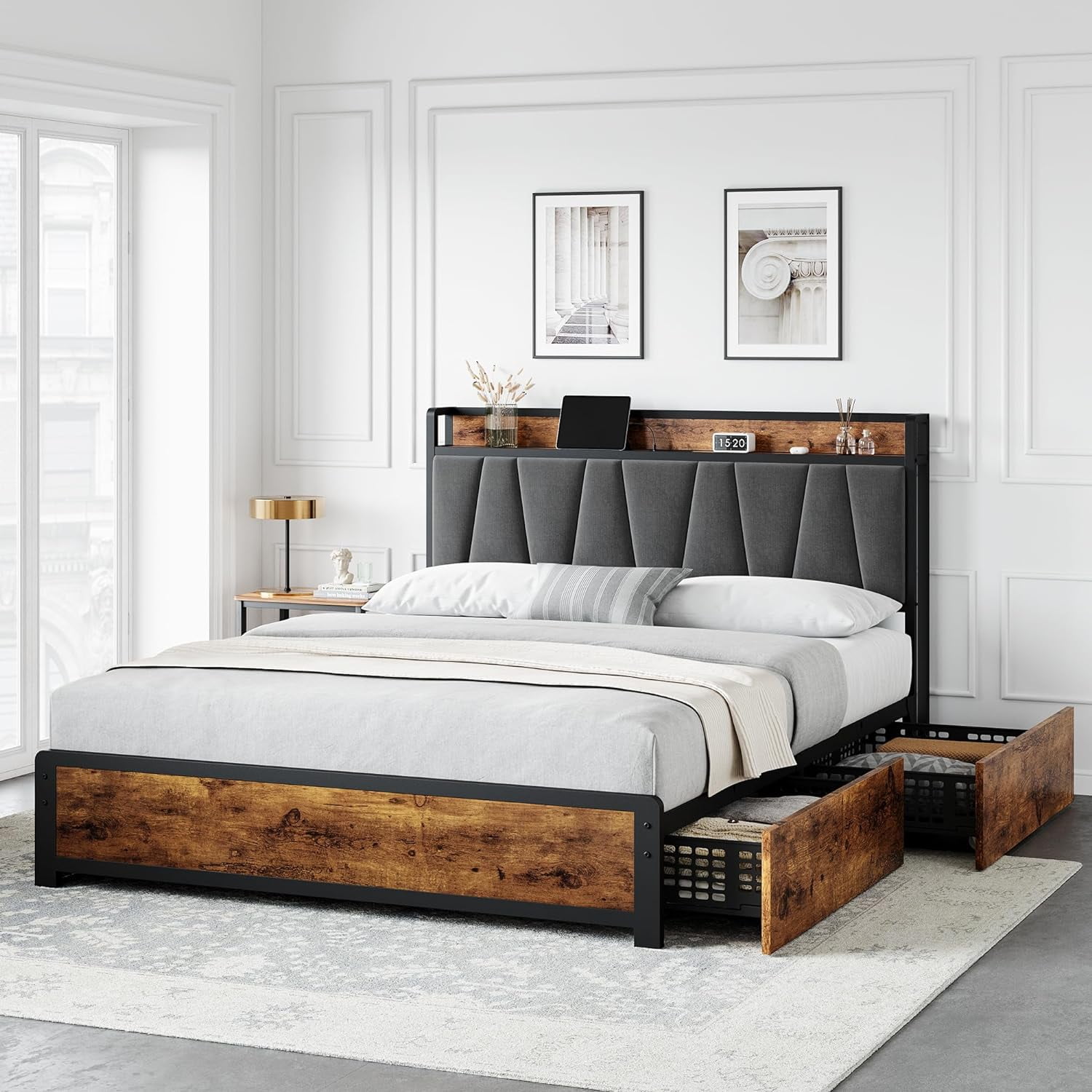 Twister.CK Queen Size Bed Frame with 4 Drawers and Upholstered Headboard, Full Platform Bed ...