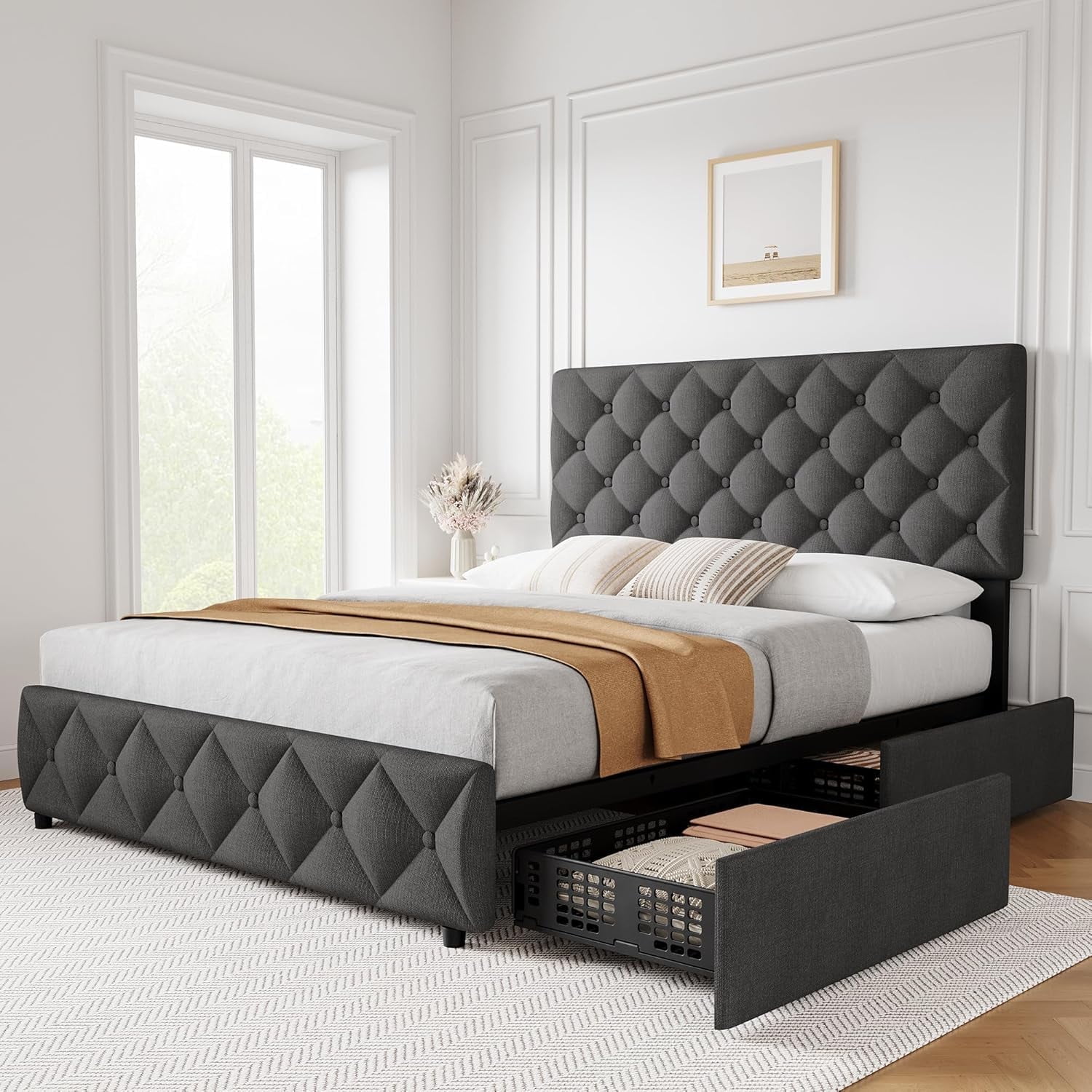 Twister.CK Upholstered Full Bed Frame with 4 Storage Drawers, Adjustable Headboard Platform Bed ...