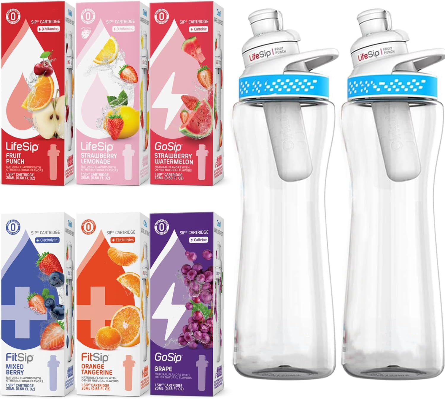 Two 22oz Plastic Water Bottle with Blue Lid and 6 Random Flavor ...