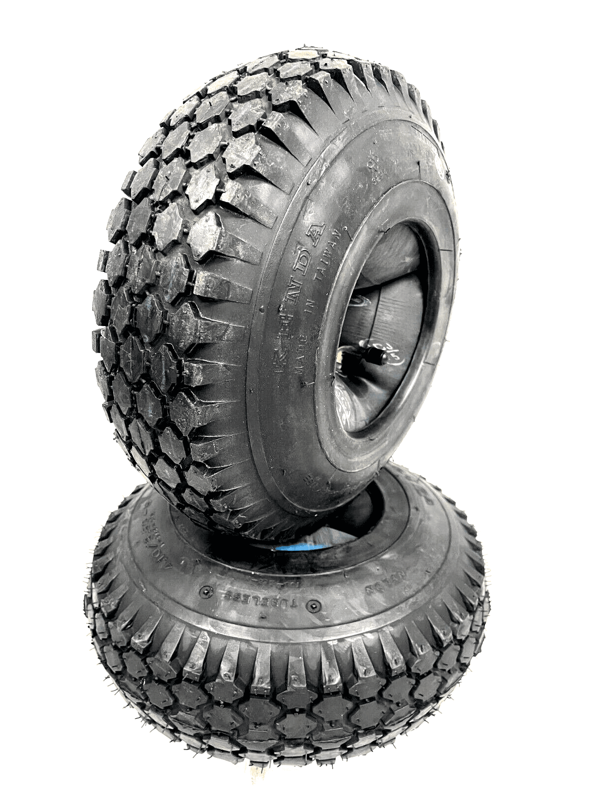 Two 4.10/3.50-5 Stud Tread Tires with Inner Tubes, 4 Ply, TR87 Bent ...