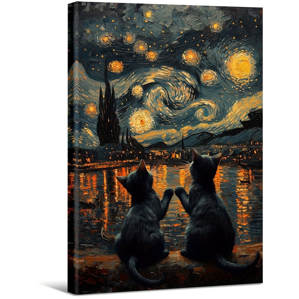 Two Black Cats Watching Van Gogh'S Starry Night Large Wooden Framed ...