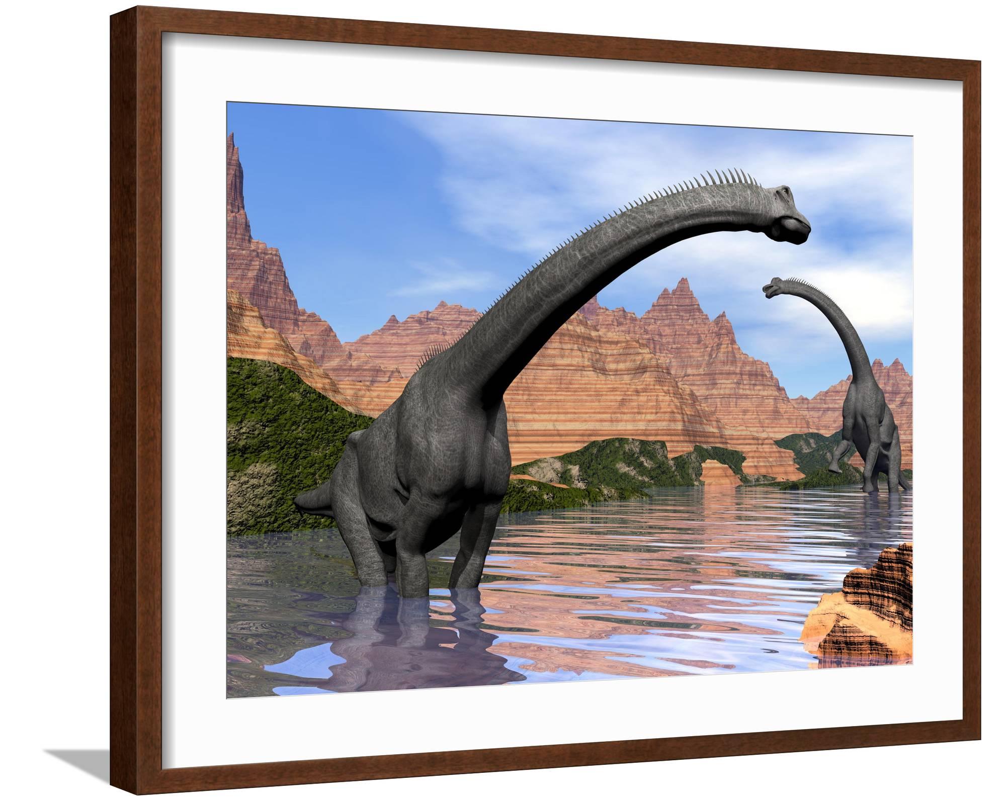 Art.com Two Brachiosaurus Dinosaurs in Water Next to Red Rock Mountains ...
