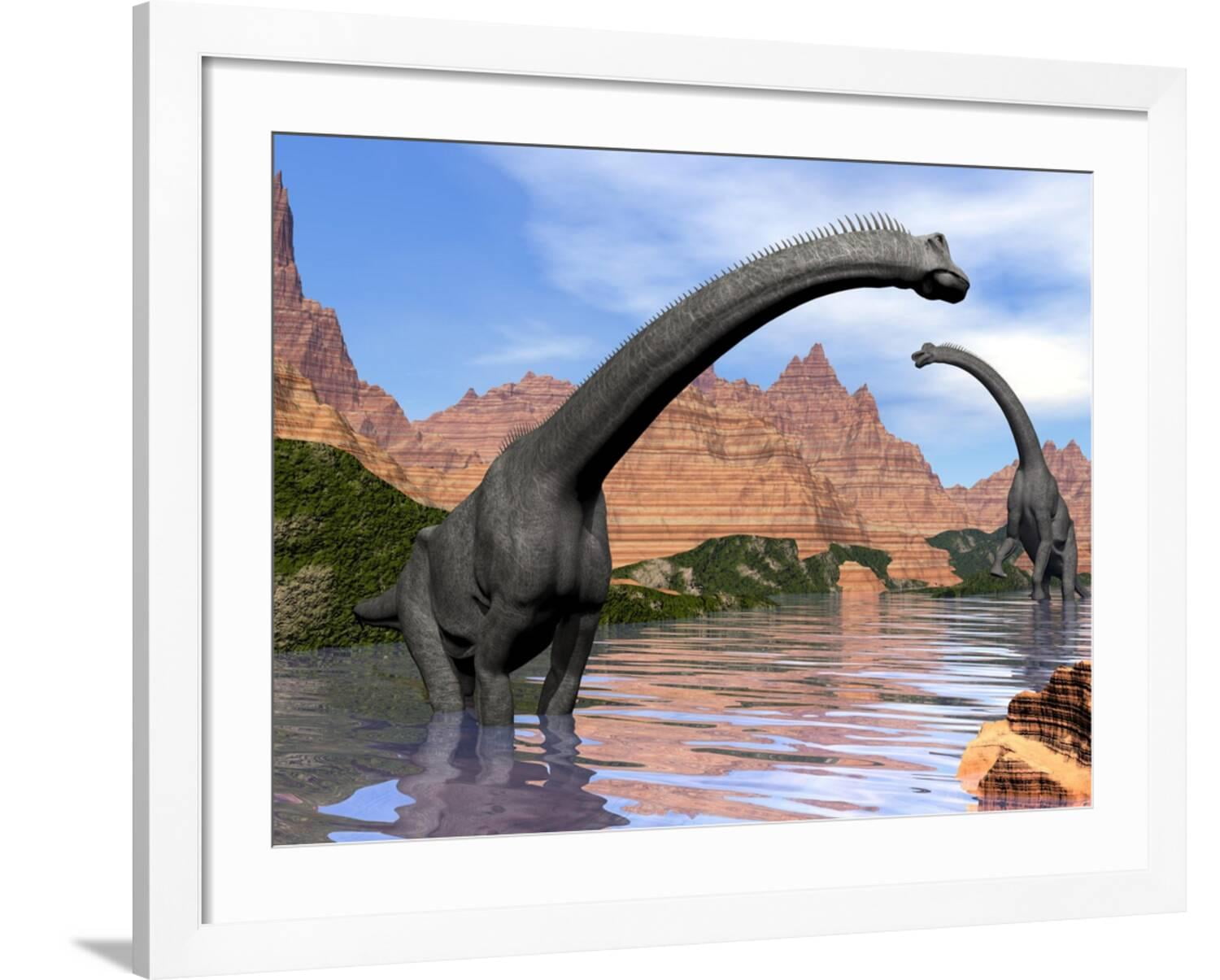 Art.com Two Brachiosaurus Dinosaurs in Water Next to Red Rock Mountains ...