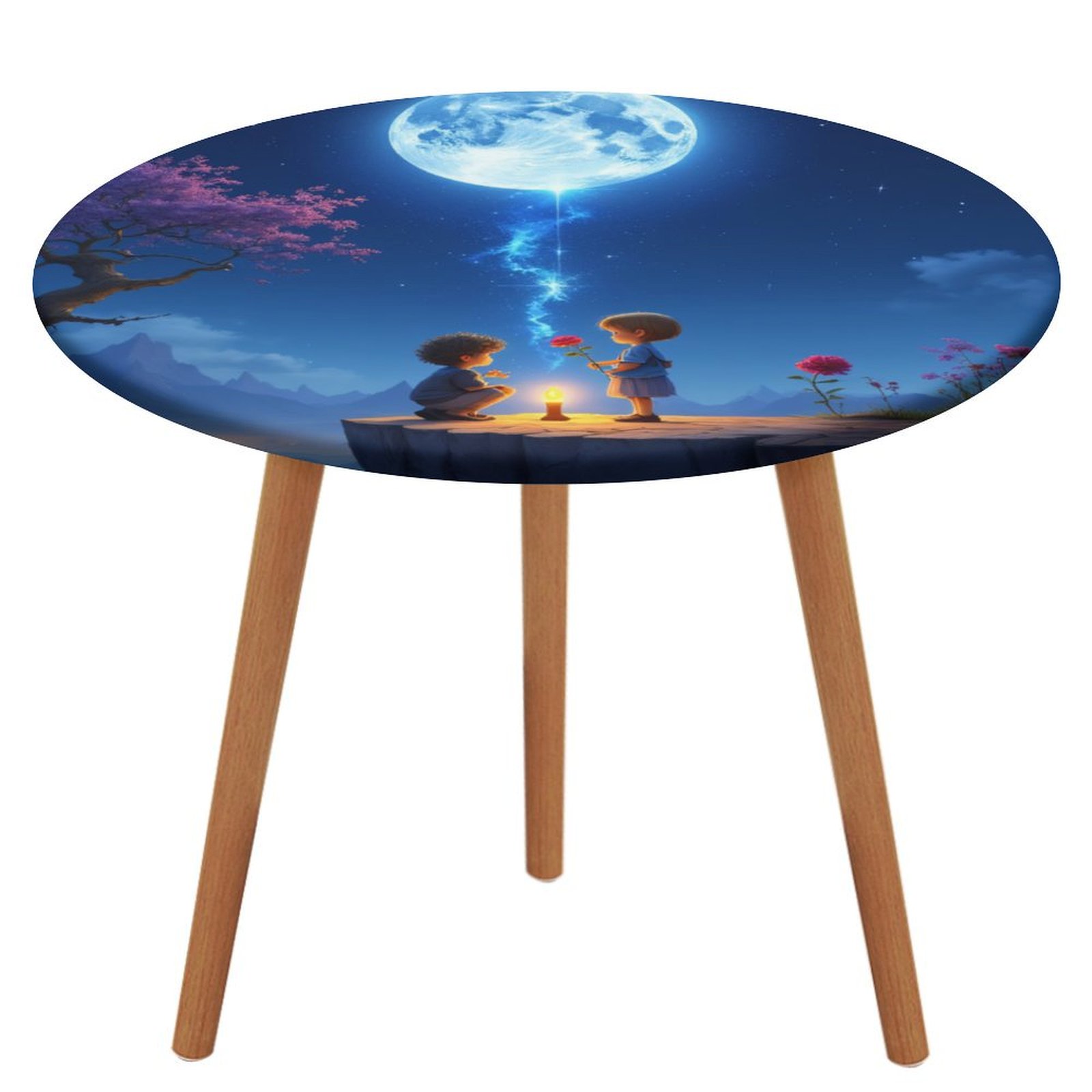 Two Children Under A Full Moon Pattern Round Tablecloth Waterproof ...